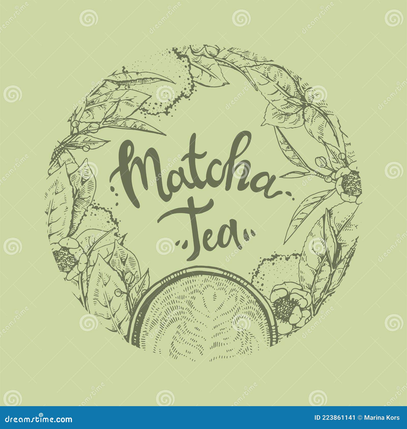 Matcha Tea and Leaves Round Hand-drawn Emblem. Stock Vector ...