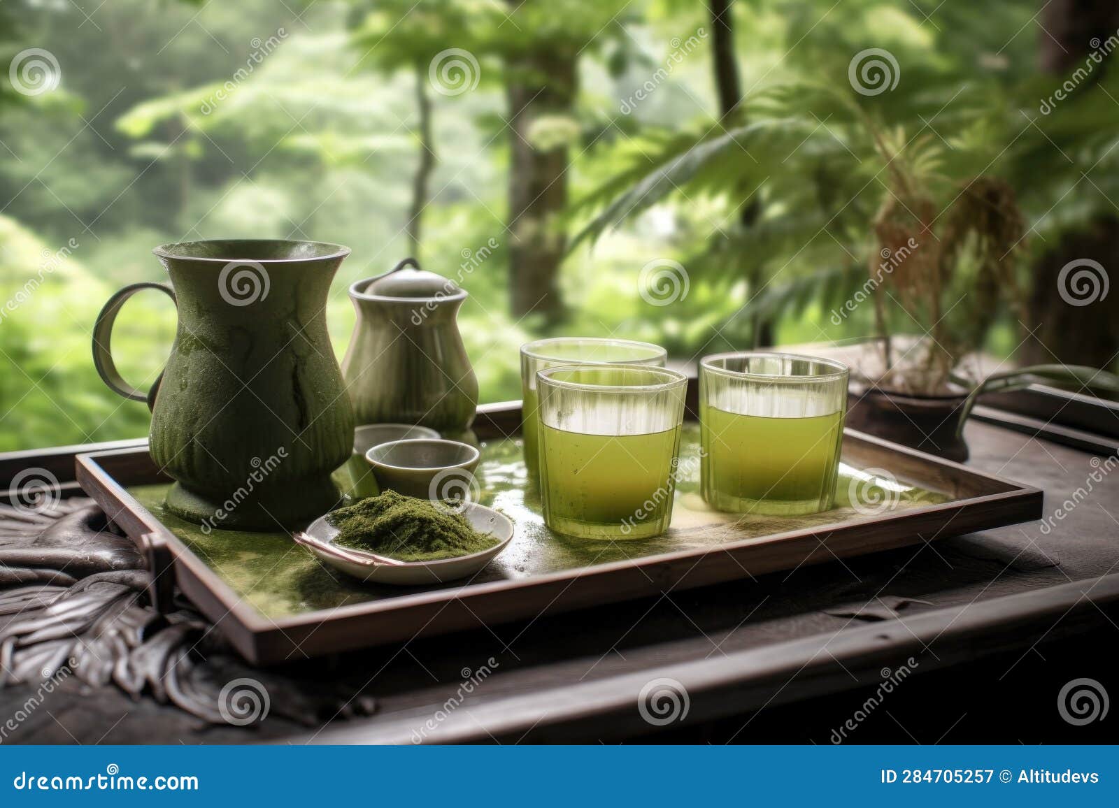 Matcha Tea Set Arranged on a Wooden Tray with Nature Backdrop Stock ...