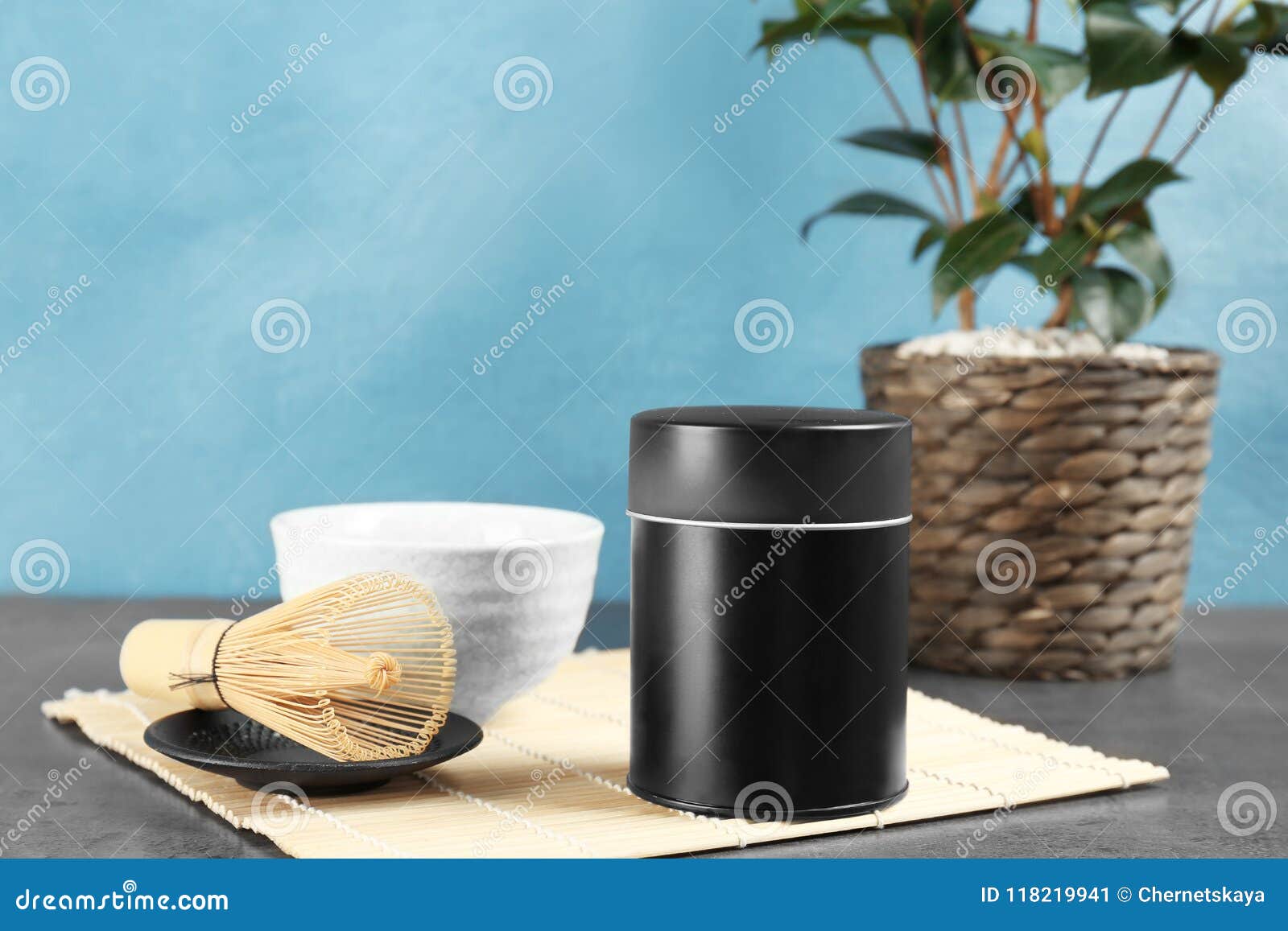 Matcha Tea Set with Bamboo Mat on Grey Table Stock Image - Image of ...