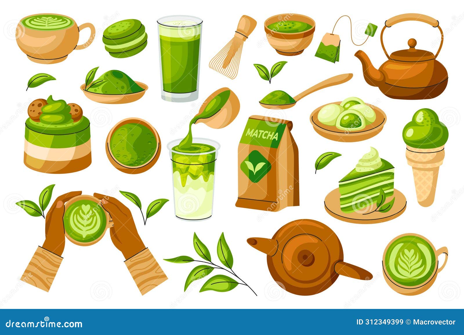 Matcha Tea Set in Flat Design Stock Illustration - Illustration of ...