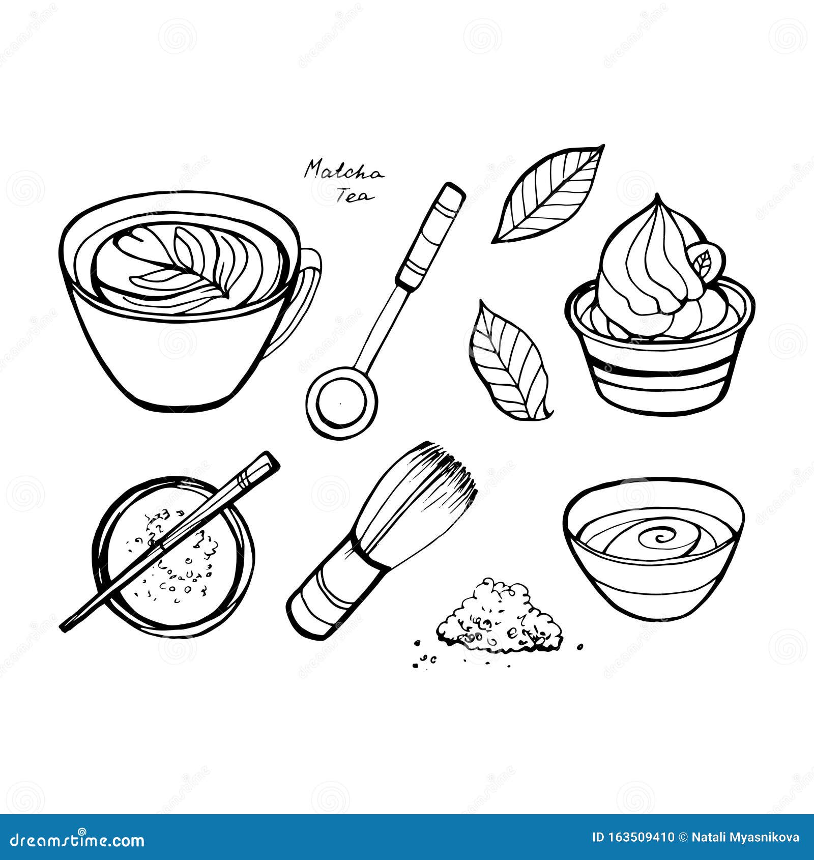 Matcha Tea Set. Objects Isolated. Vector Hand Drawn Illustration. Stock ...