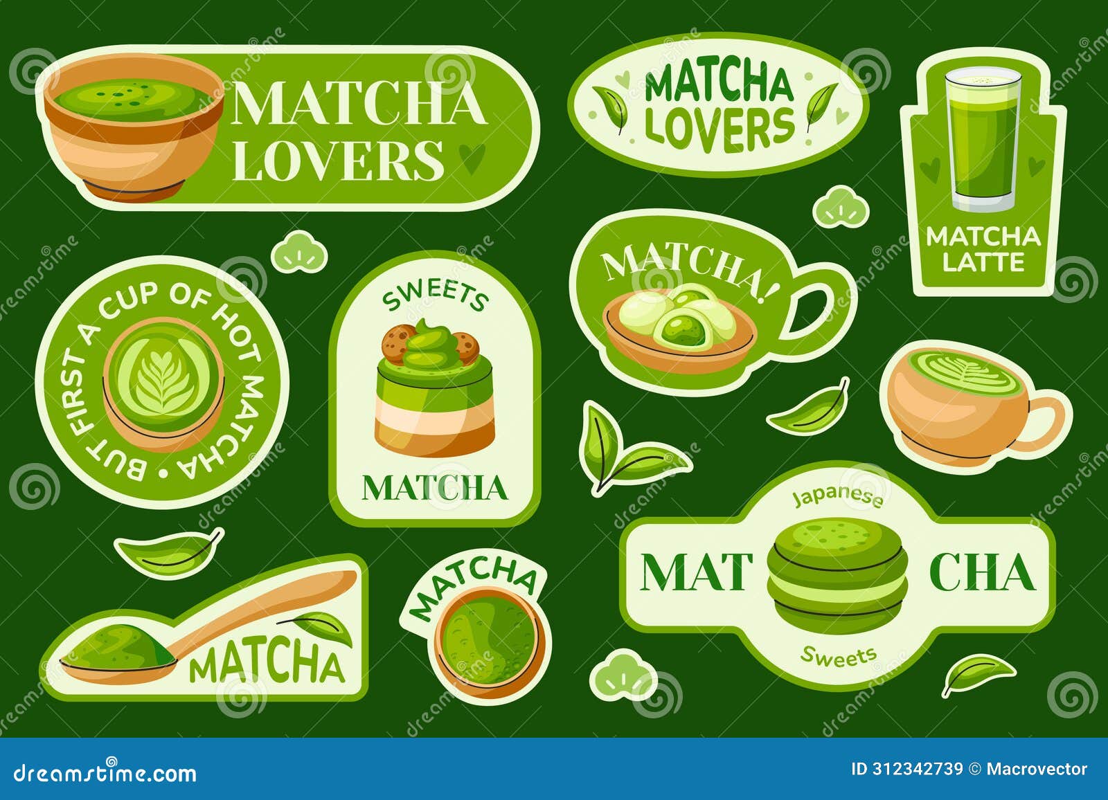 Matcha Tea Sticker. Cartoon Green Tea Latte With Powder And Leaves ...