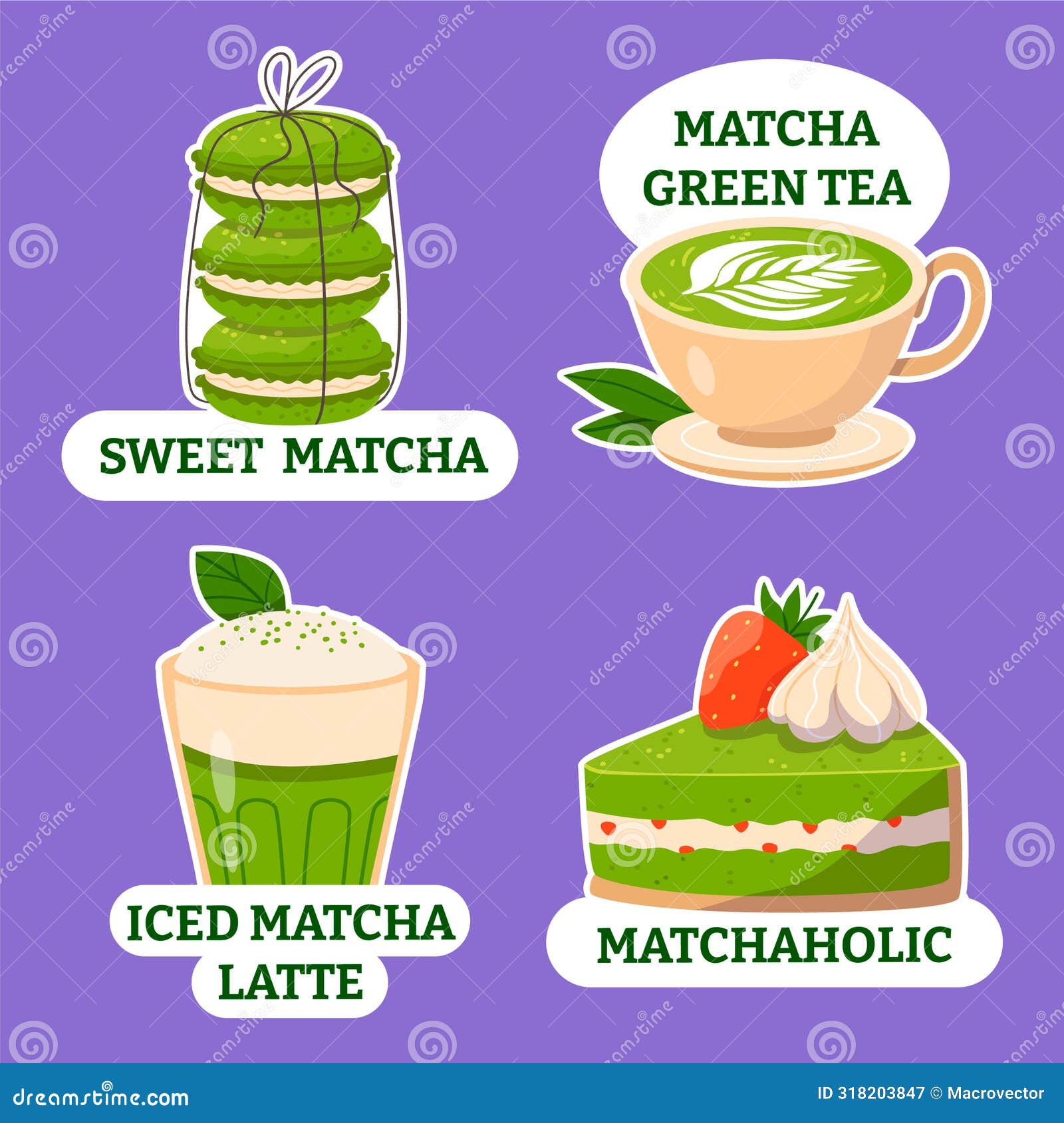 Matcha Tea Stickers in Flat Design Stock Illustration - Illustration of ...