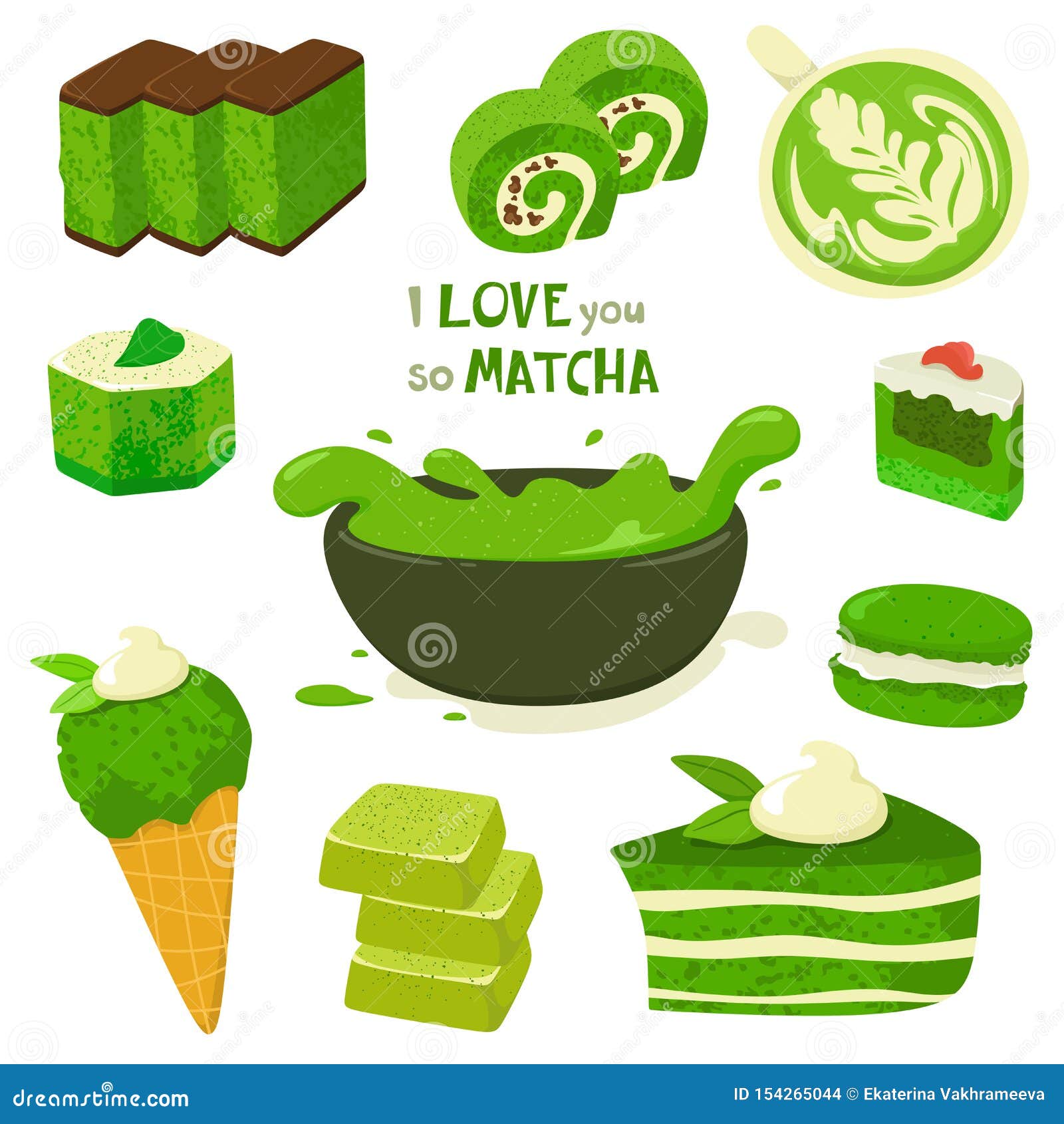 Variants of Sweets from Matcha Tea. Vector Isolates with Handwritten ...