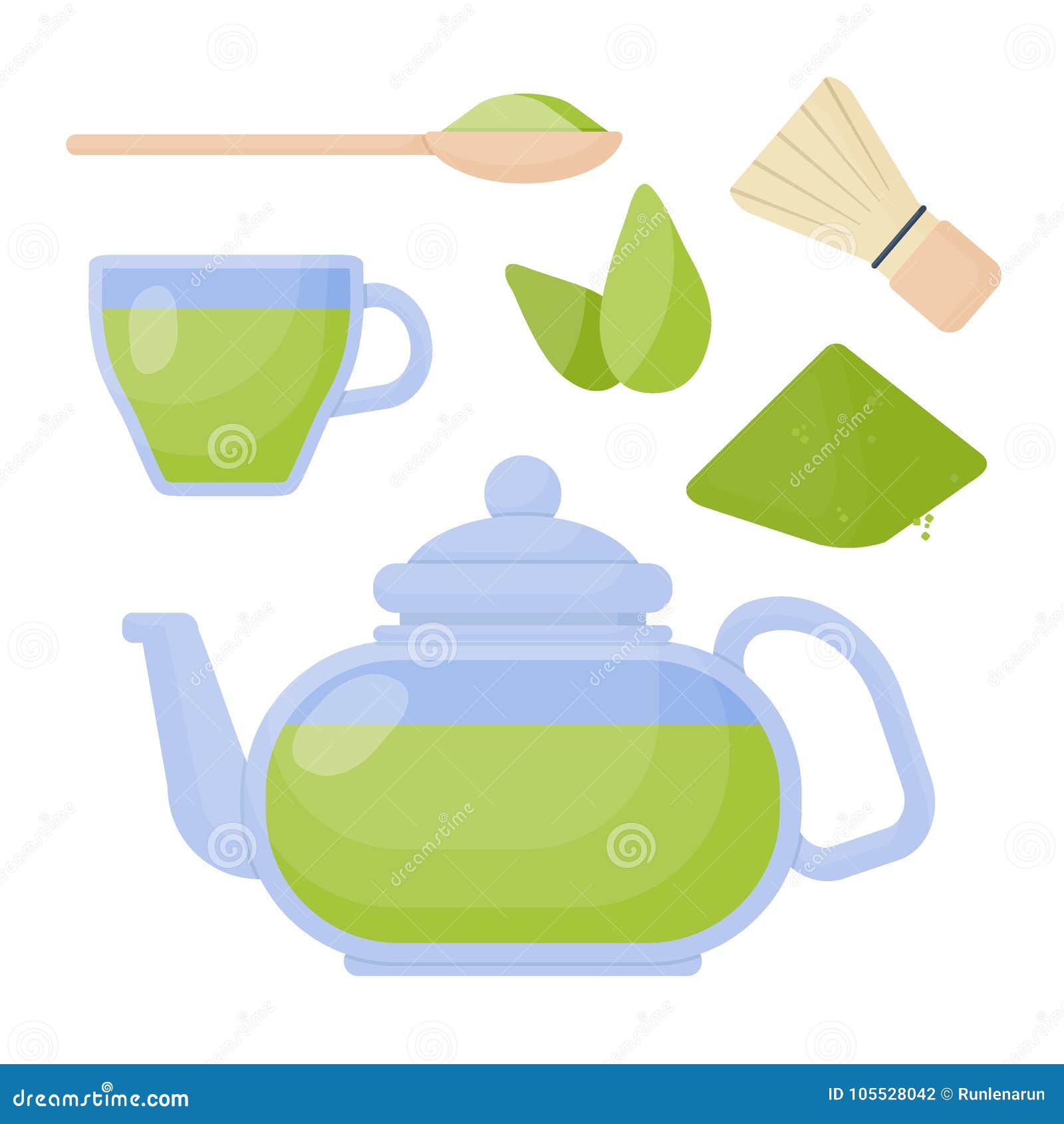 Matcha Tea Vector Flat Icons Set Stock Illustration - Illustration of ...