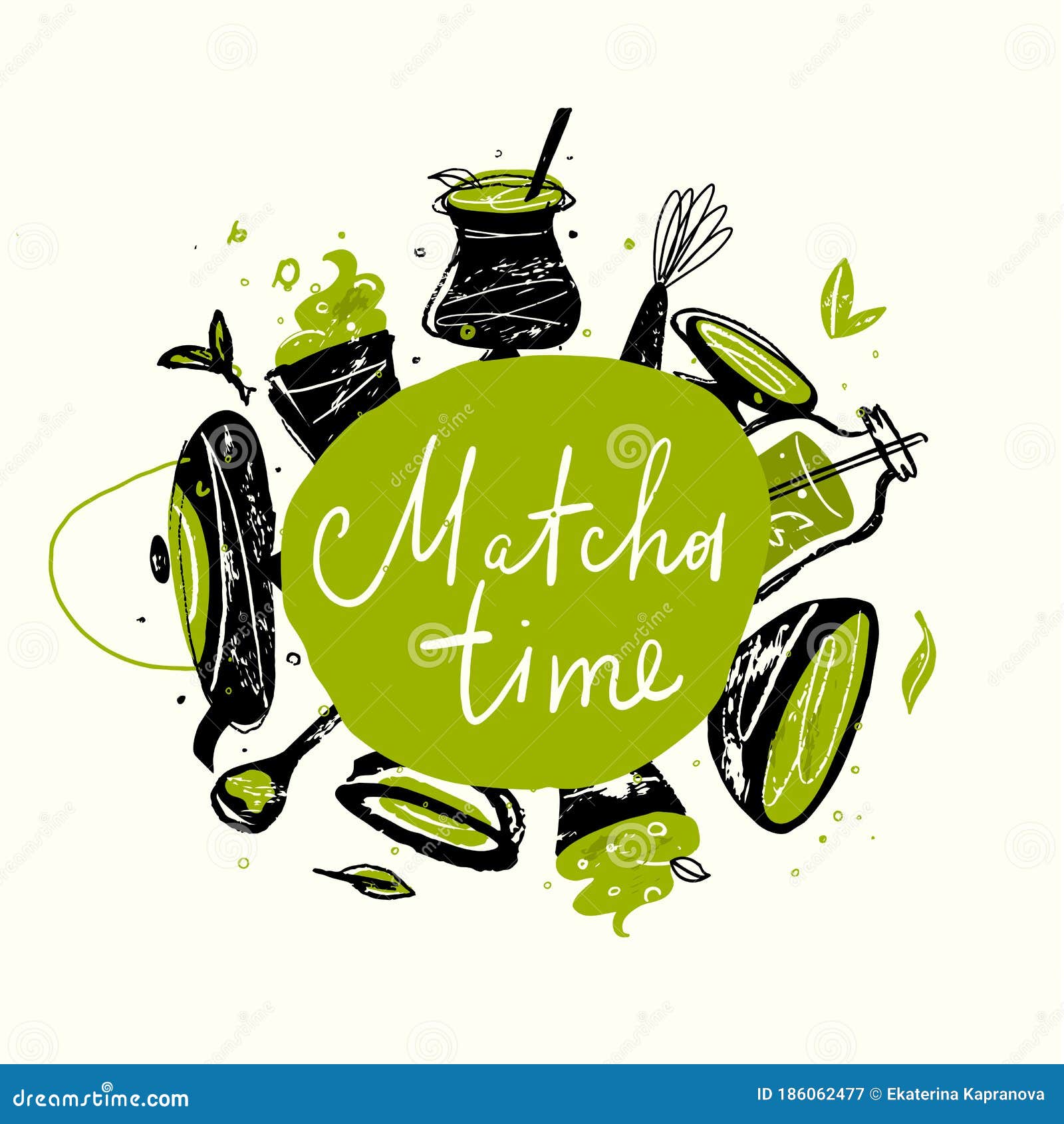 Matcha Time. Vector Doodle Illustration Of Matcha Stain With Lettering ...