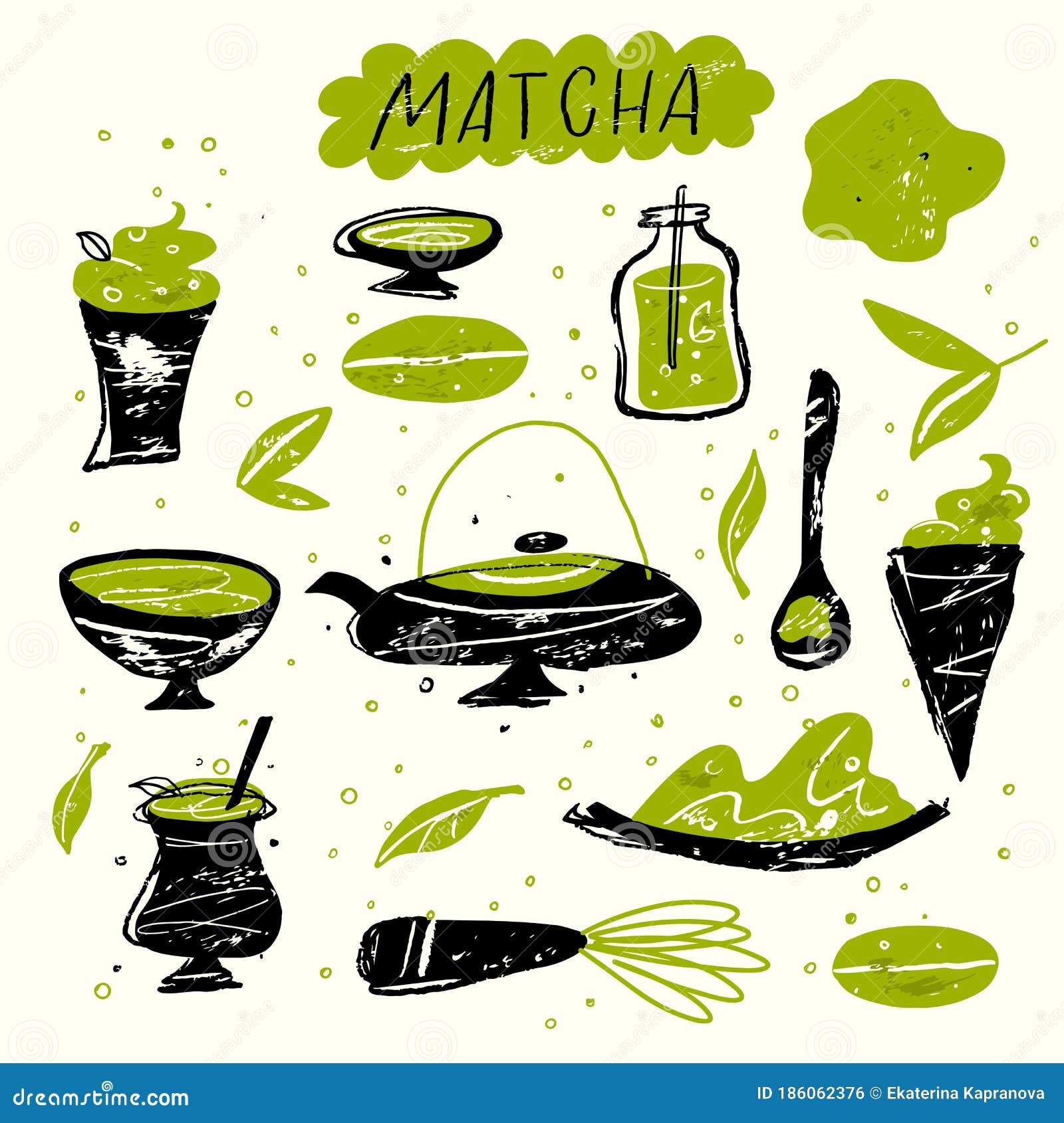 Matcha. Vector Doodle Illustration of Matcha Tea Products. Japanese Tea ...