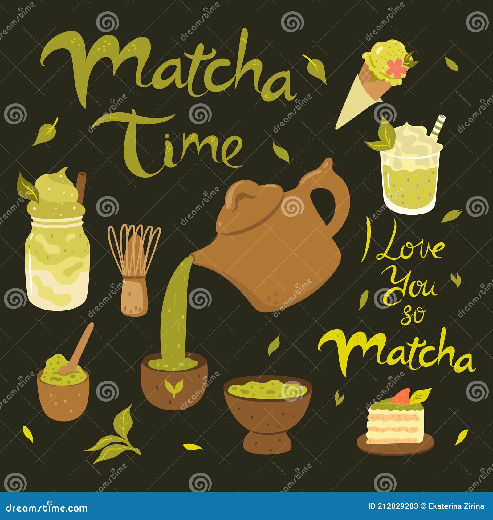 Matcha Tea Products. Matcha Vector Graphics Set Stock Vector ...