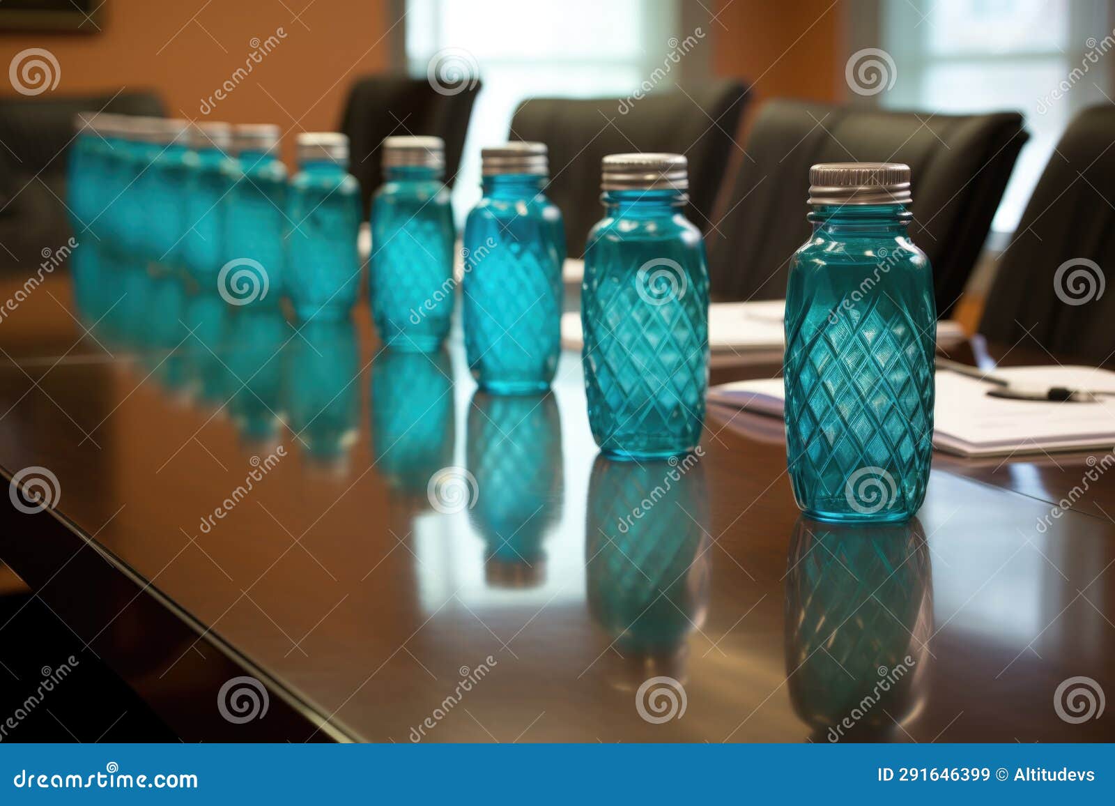 Matching Water Bottles on a Conference Table Stock Image - Image of ...