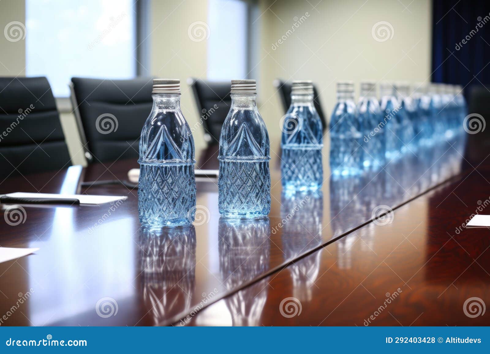 Matching Water Bottles on a Conference Table Stock Photo - Image of ...
