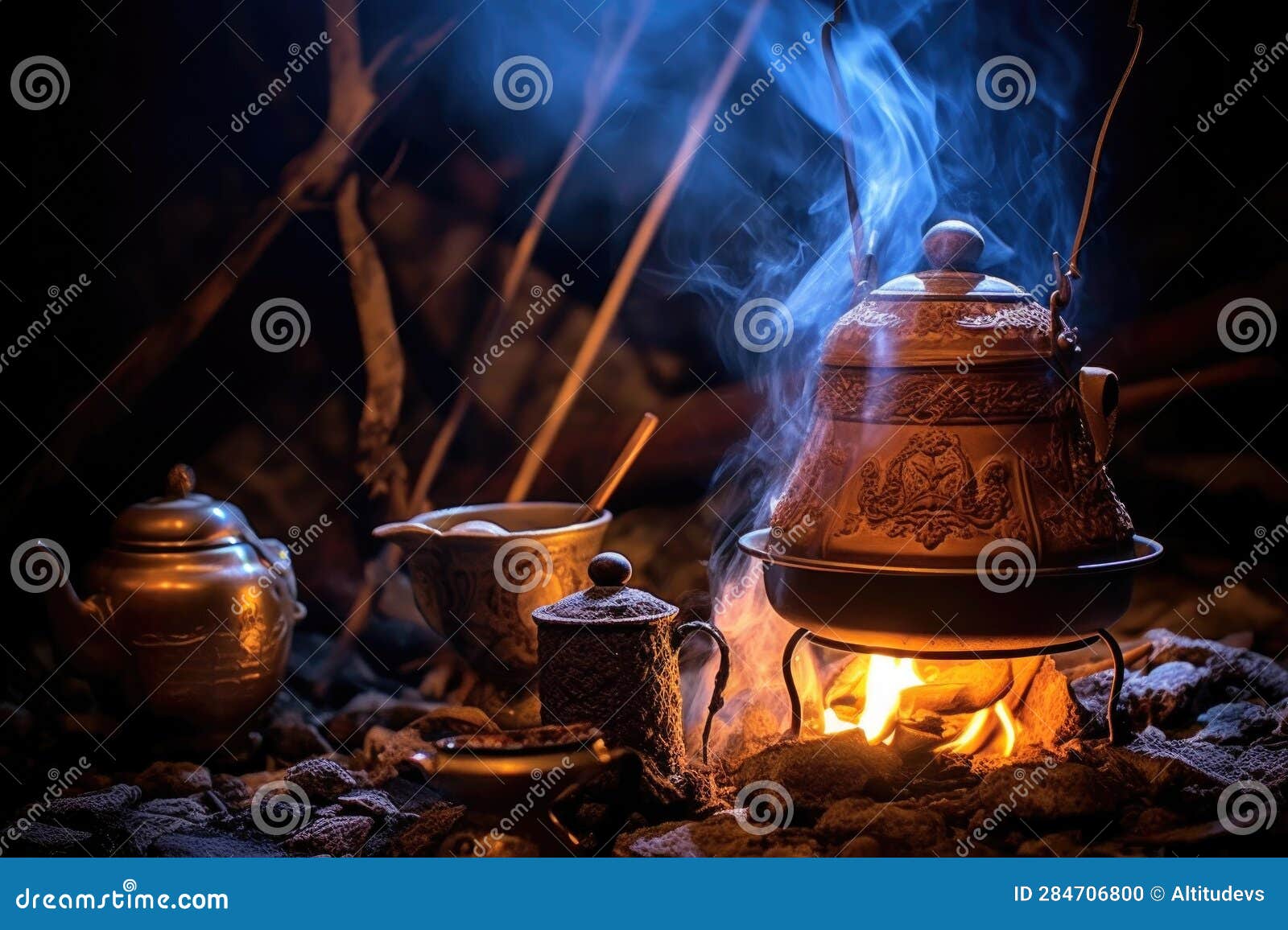 Mate Tea Brewing Process Illuminated by Campfire Light Stock Photo ...