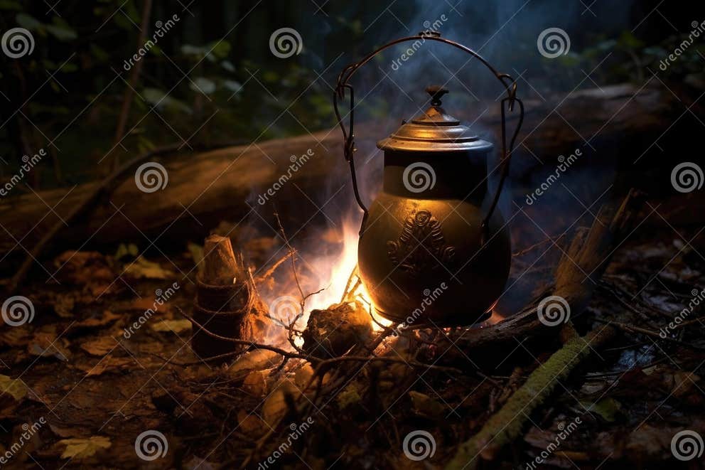 Mate Tea Brewing Process Illuminated by Campfire Light Stock ...
