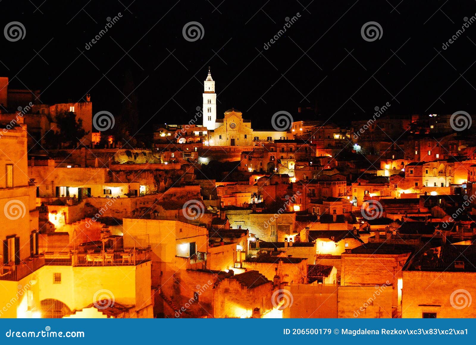The Matera in the Night with the Streets Lighting and Shining Cathedral ...