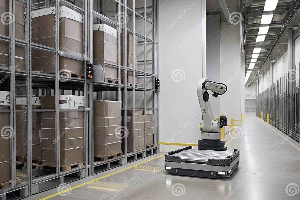 Material Handling and Palletizing Robot Entering Storage Room, with Multiple Pallets Visible ...