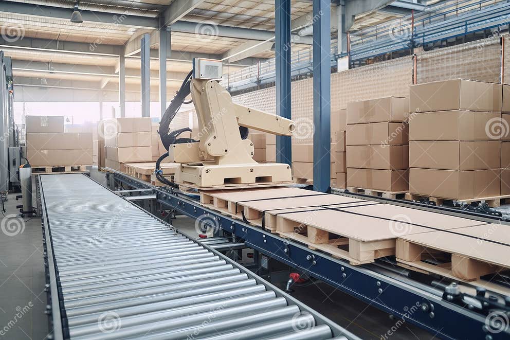 Material Handling and Palletizing Robot, Transporting Load of Boxes on Conveyor Belt Stock ...