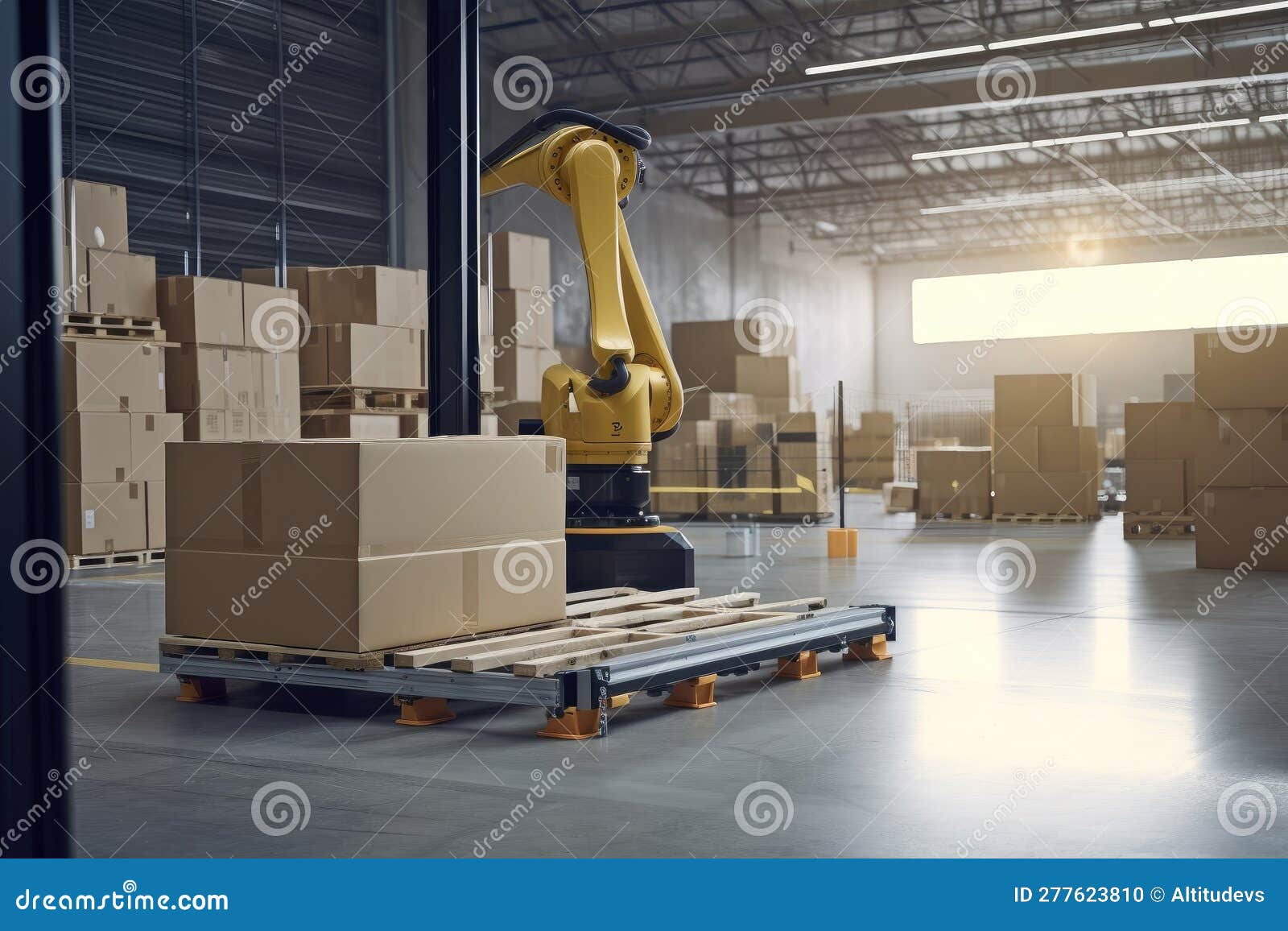 Materials Handling Robot, Loading Box Onto Pallet, with View of Busy ...