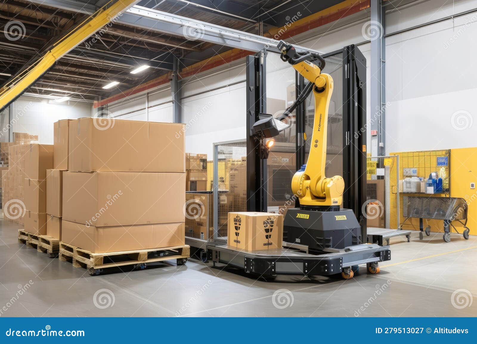 Materials Handling Robot, Loading Box Onto Pallet, with View of Busy ...