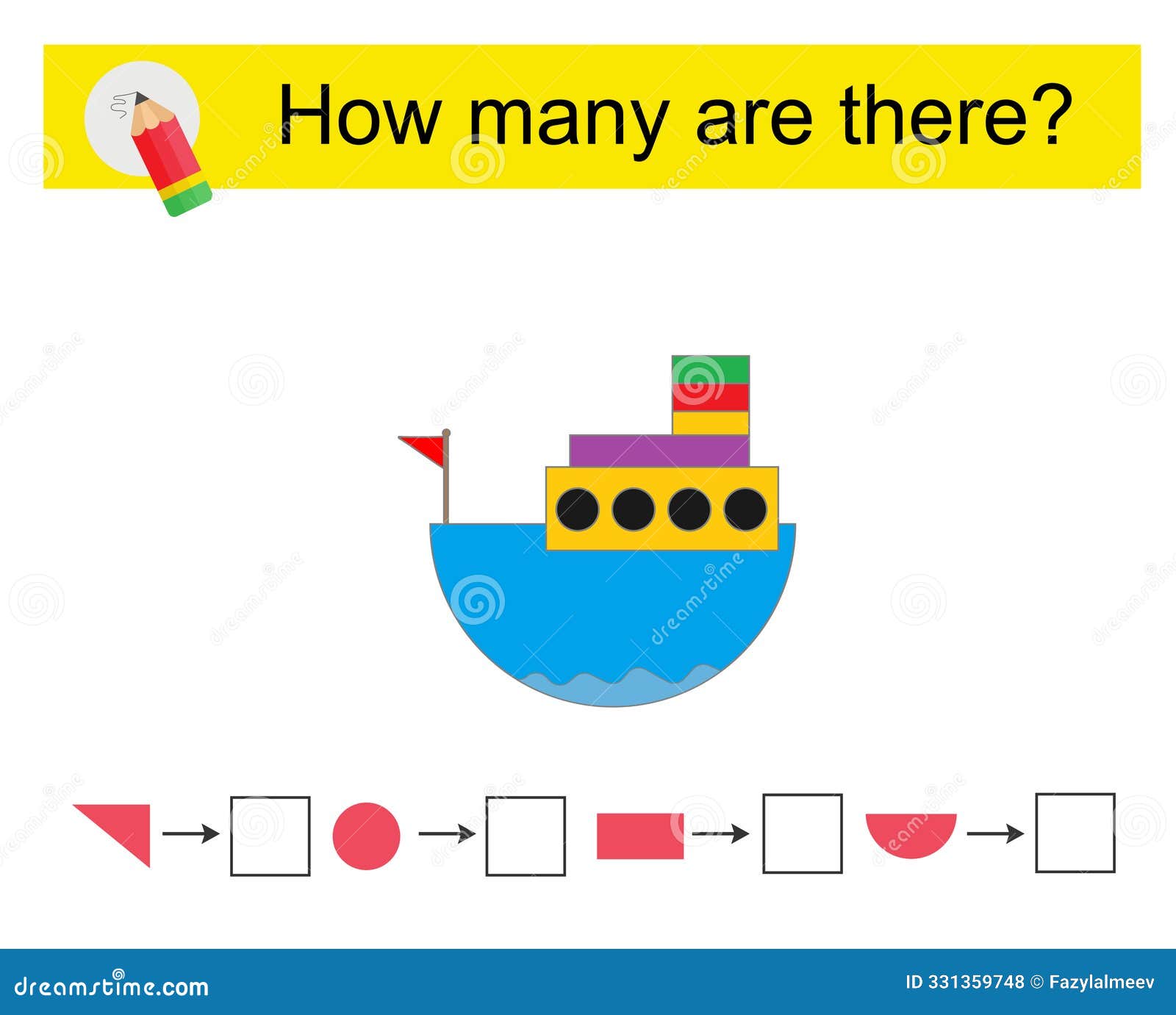 Math Activity for Children. How Many Geometric Shapes? Cartoon Ship ...