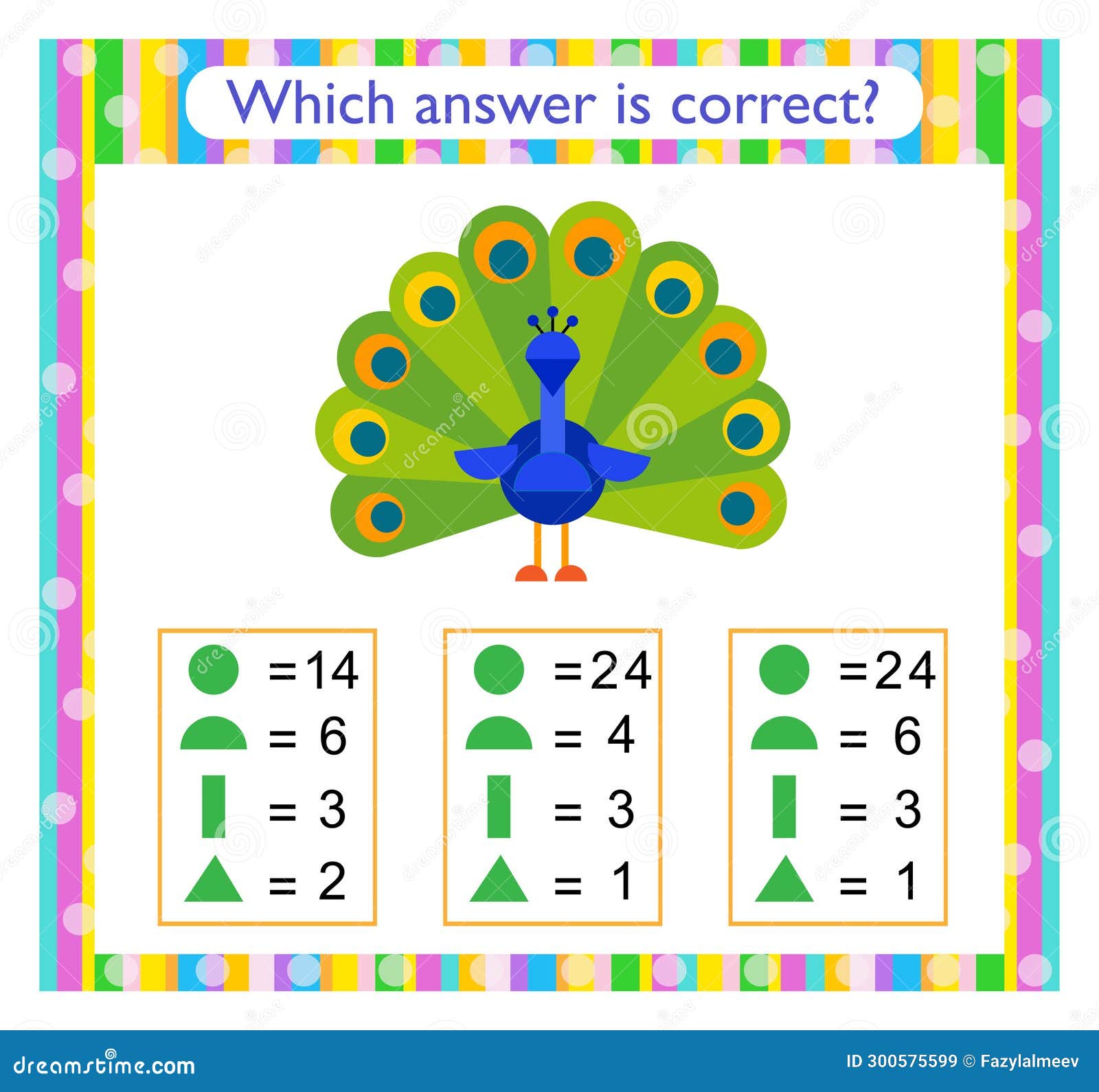 Math Activity for Kids. Find the Correct Answer. Cartoon Peacock Stock ...