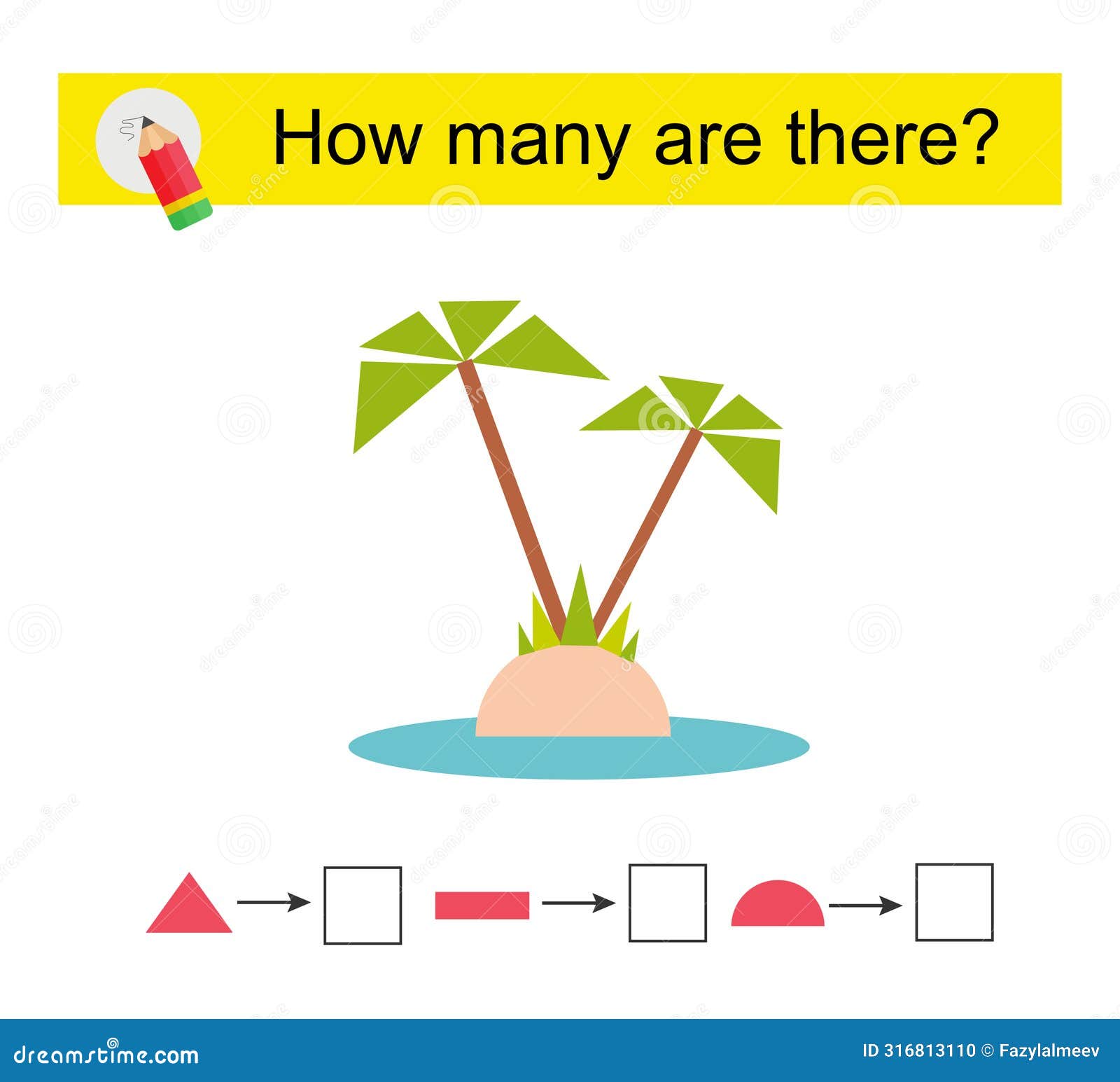 Math Activity for Kids. How Many Geometric Shapes? Cartoon Palm Tree ...