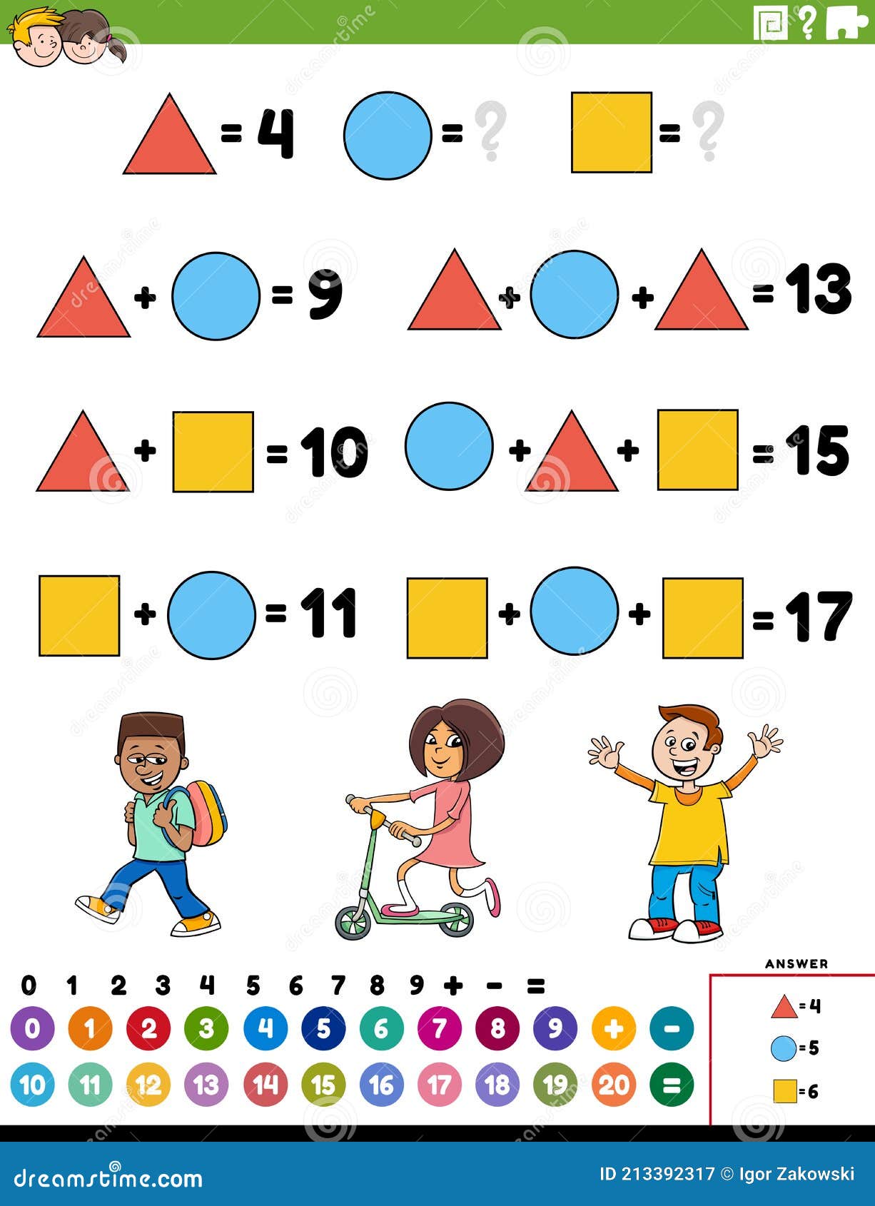 Math Addition Educational Task with Children Characters Stock Vector ...