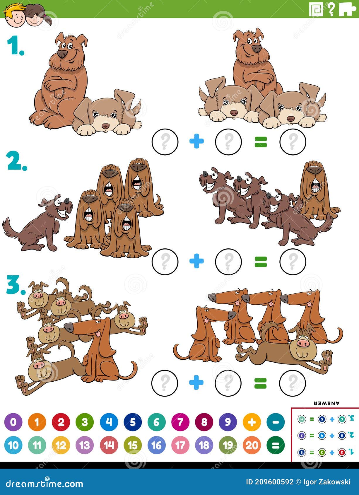 Math Addition Educational Task with Dog Characters Stock Vector ...