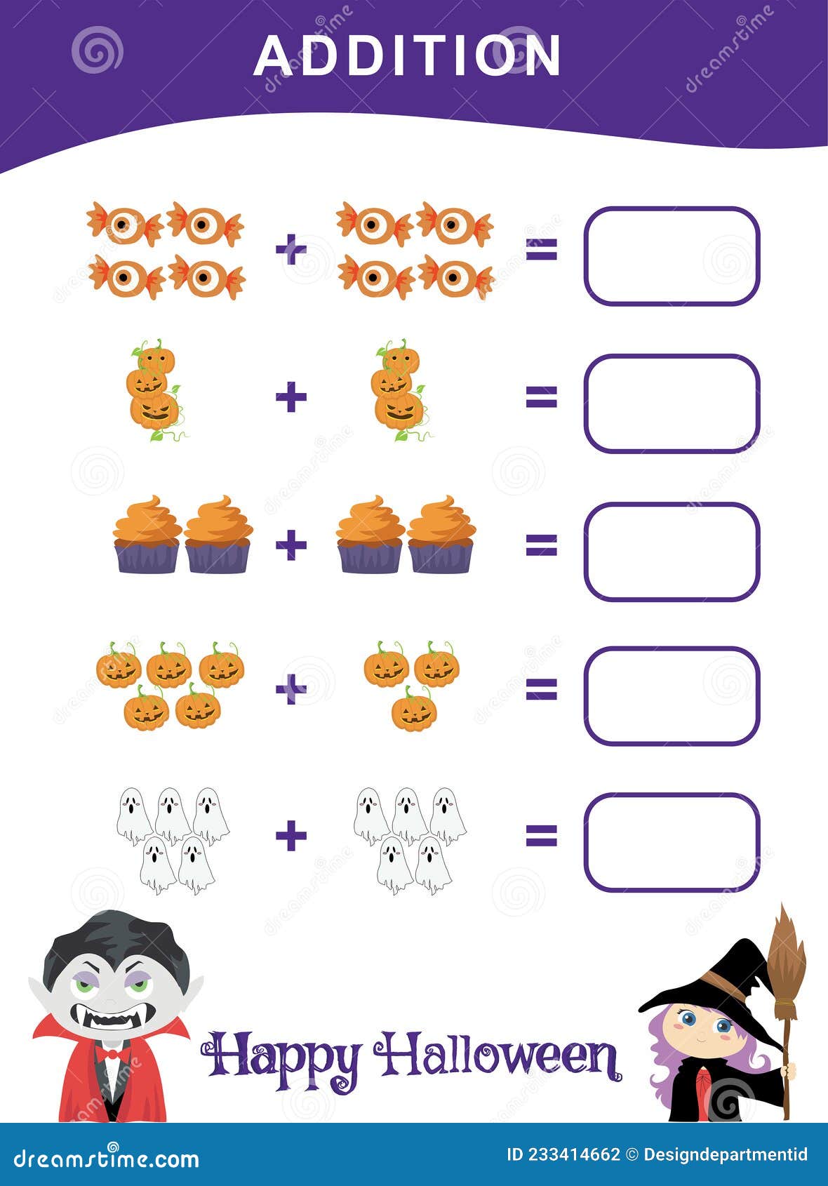 Halloween Counting Math Addition Worksheet Stock Vector - Illustration ...