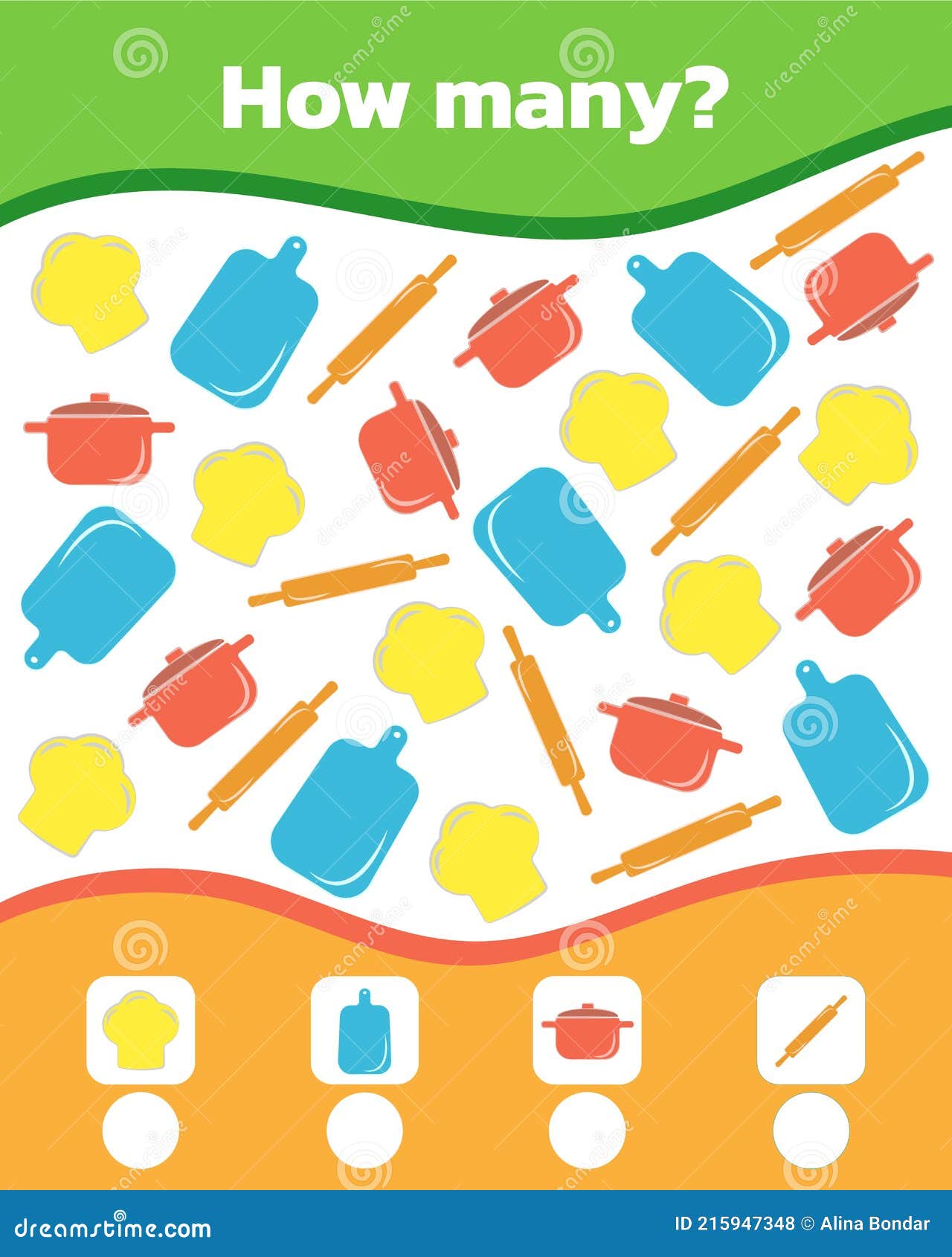 Math Colorful Game for Children. How Many Kitchen Utensils are There ...