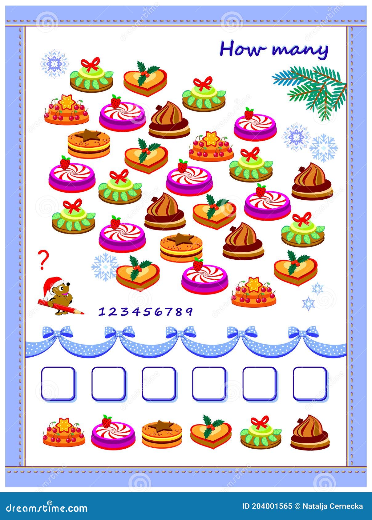 Math Education for Children. Count the Quantity of Christmas Cakes and ...