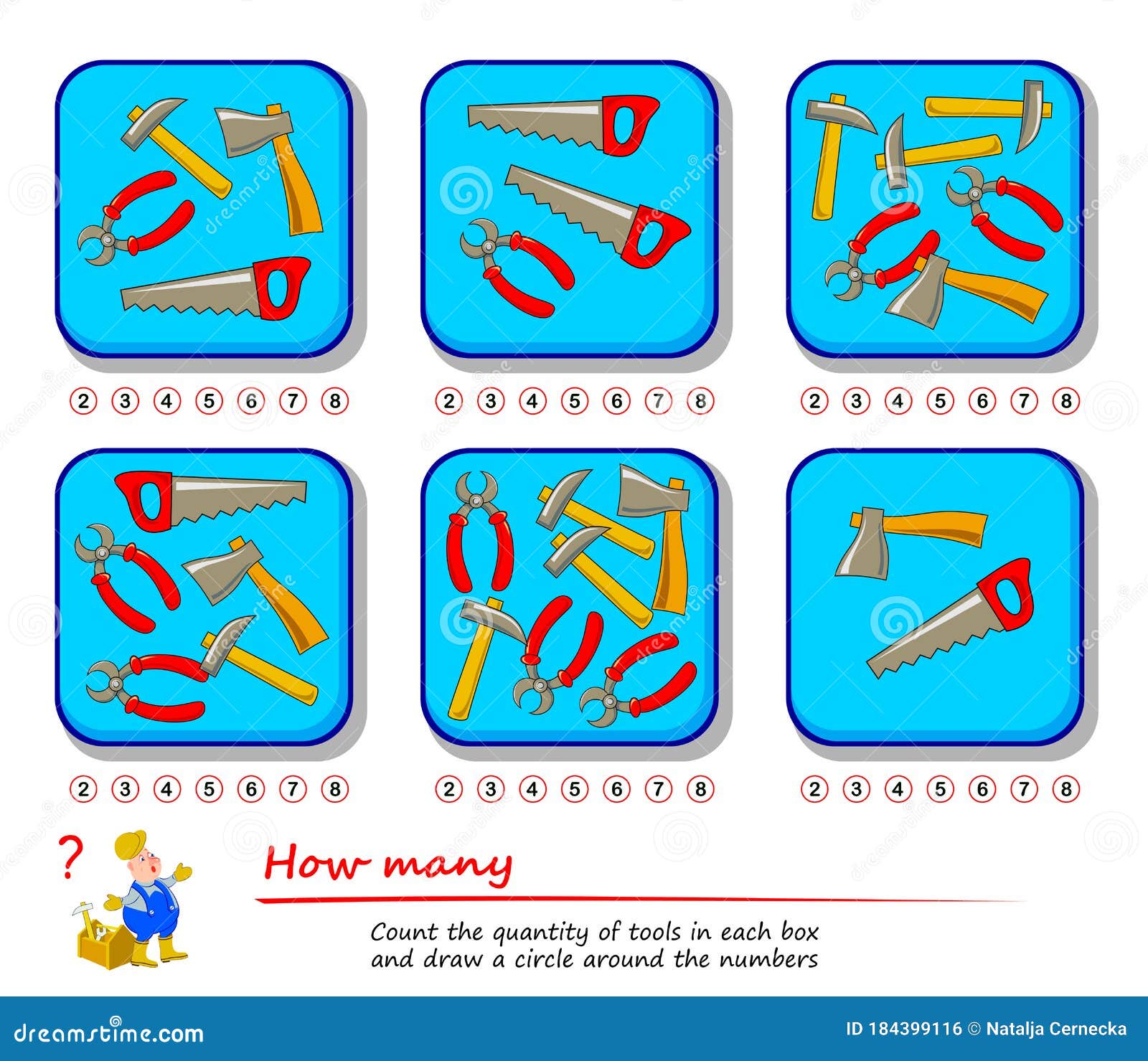 Math Education for Children. Count the Quantity of Tools in Each Box ...