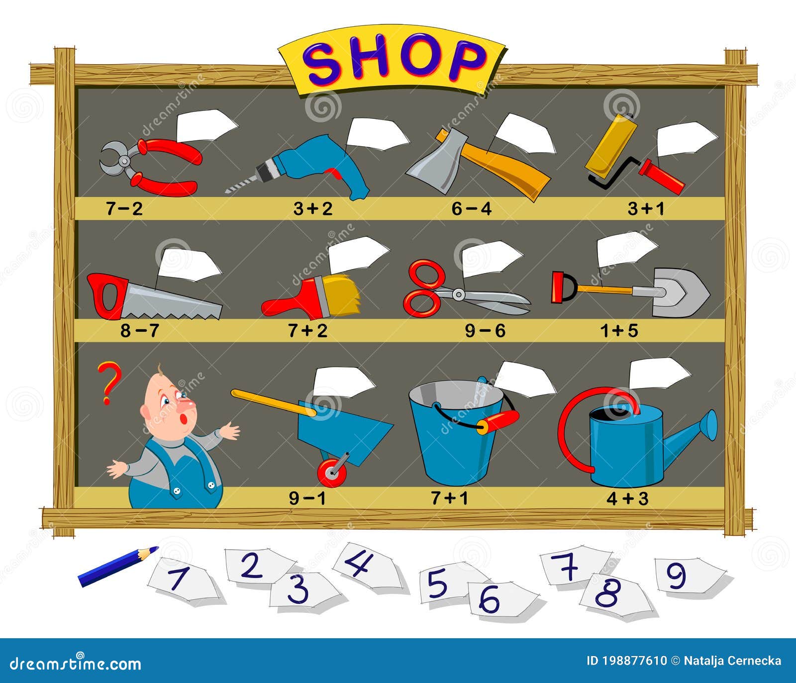 Math Education for Children. Help the Seller To Write Prices on Tools ...