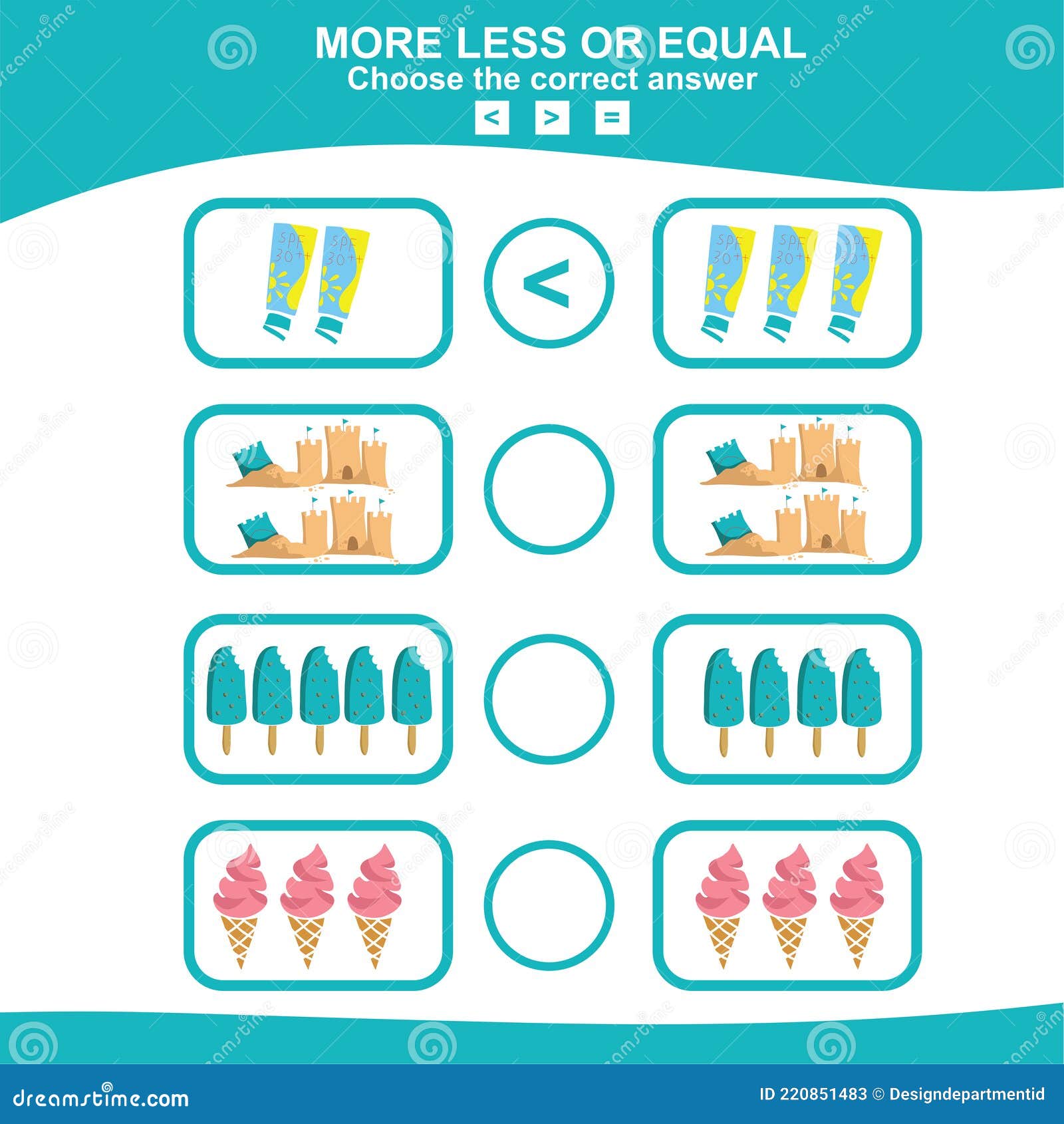 Math Educational Game for Children. Choose More, less or Equal Game ...