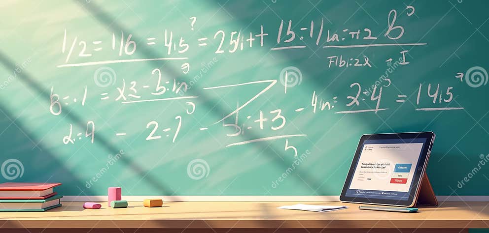Math Equations on Chalkboard with Tablet in Study Setup Stock Photo ...