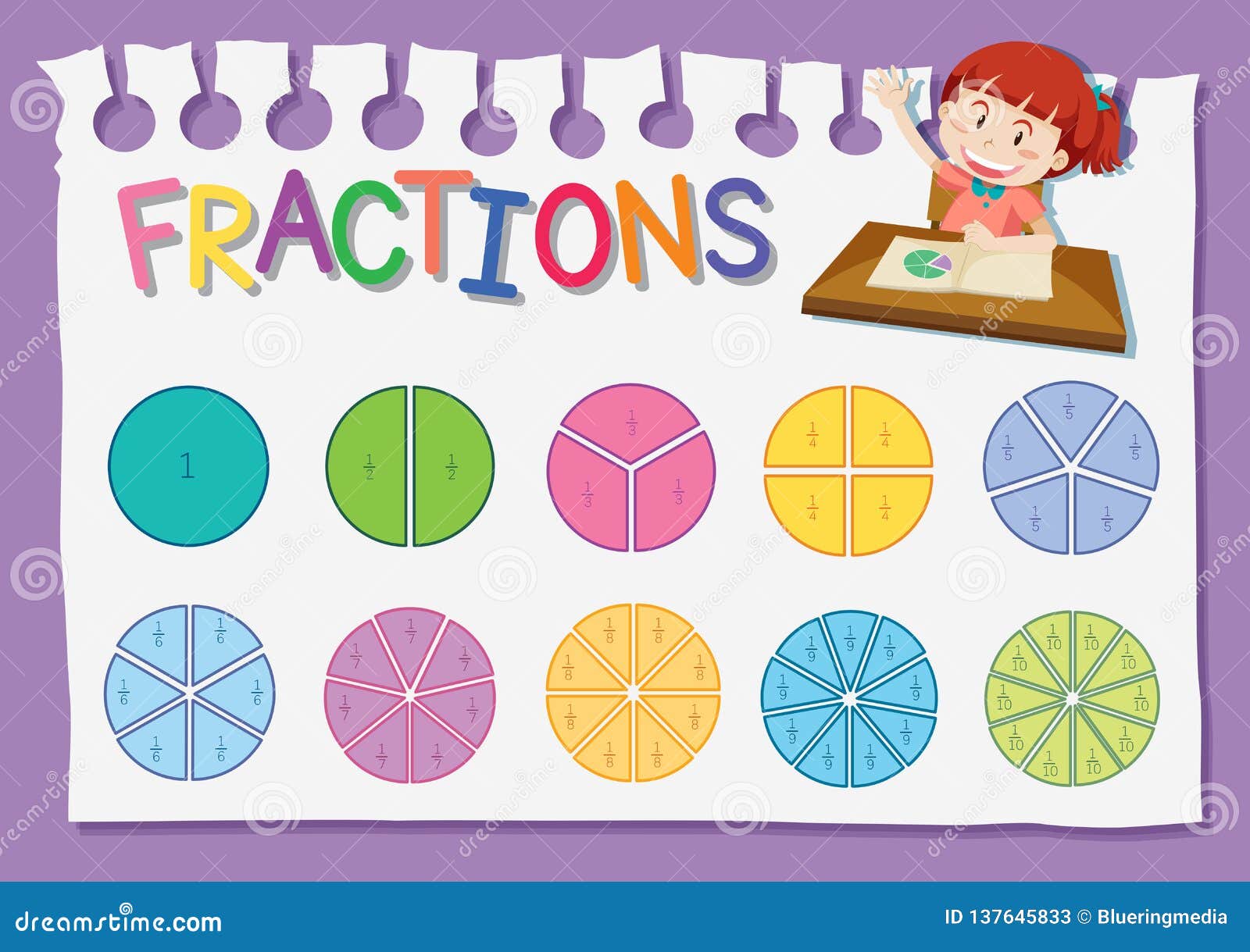 Math Fraction Education Worksheet Stock Vector - Illustration of girl ...