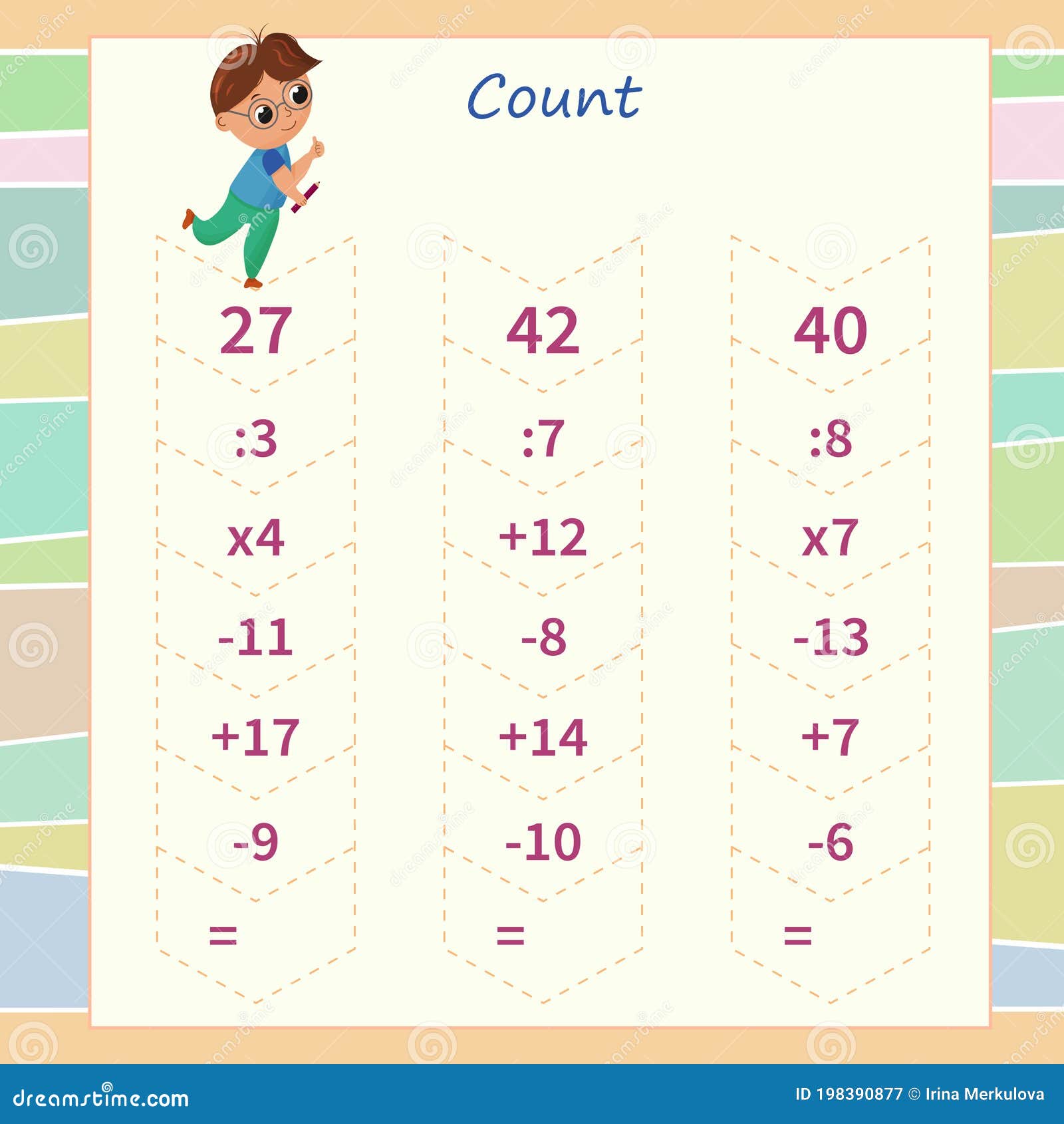 Math Game for Children. Count the Chain of Actions and Write Down the ...