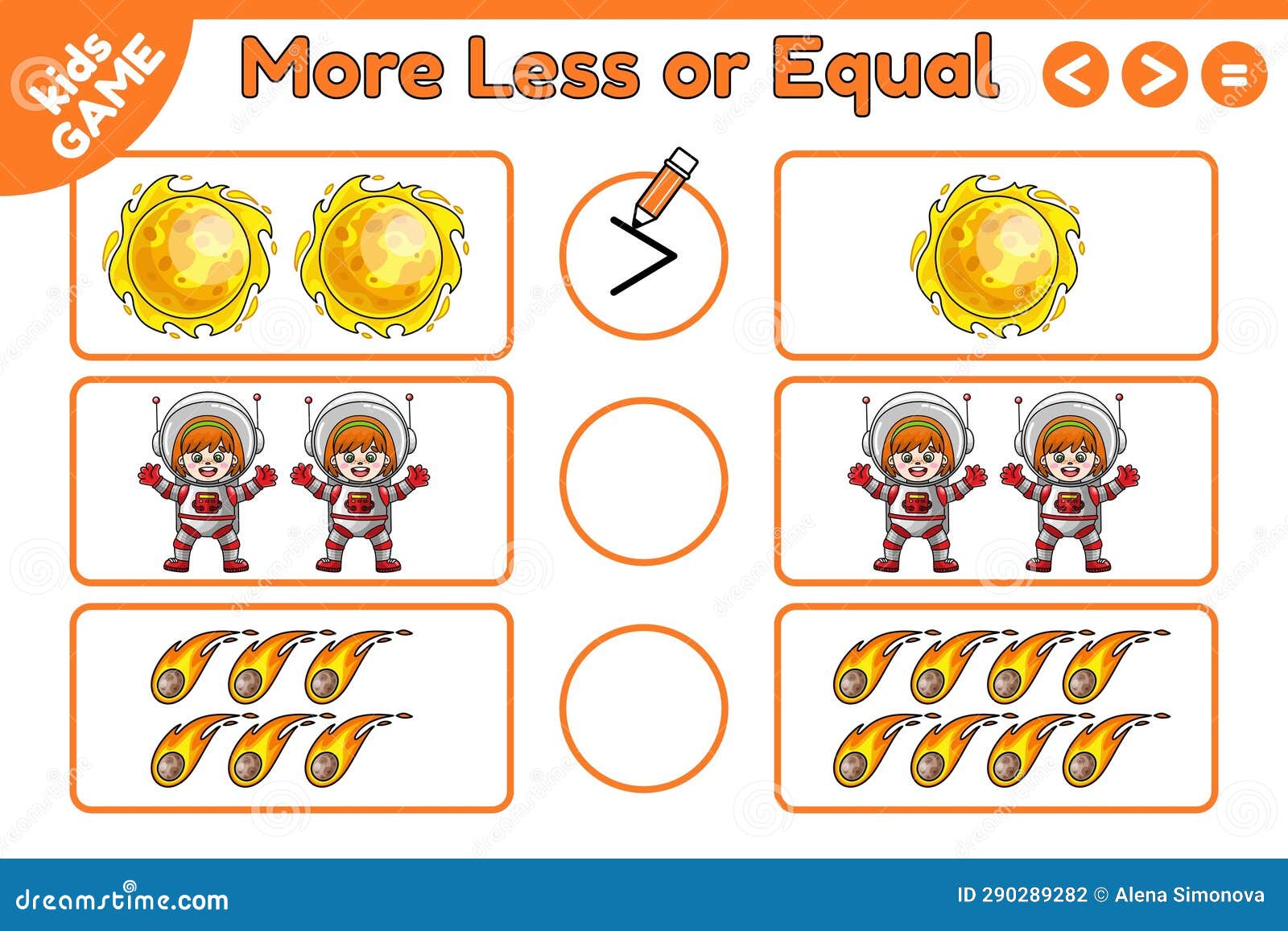Math Game More less or Equal with Space Objects Stock Illustration ...