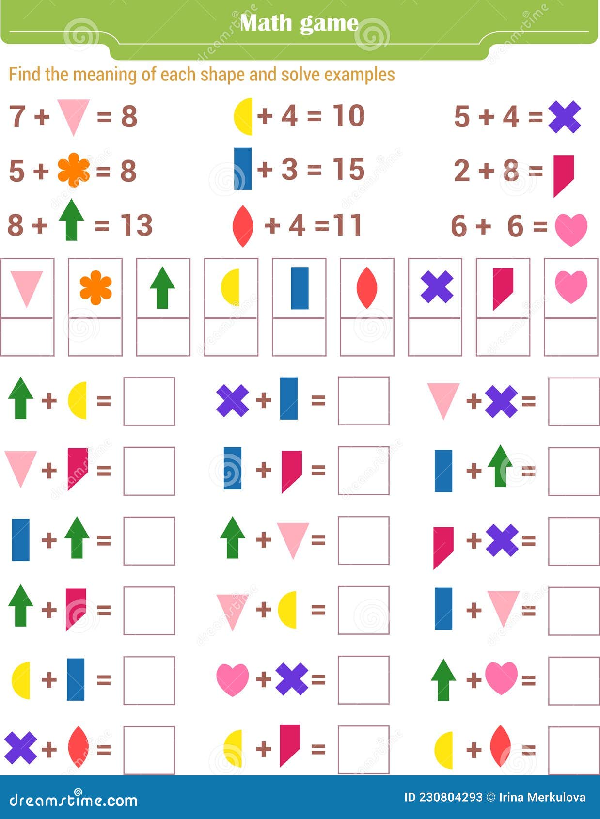 Math Game for Children. Find the Meaning of Each Shape, and Solve ...