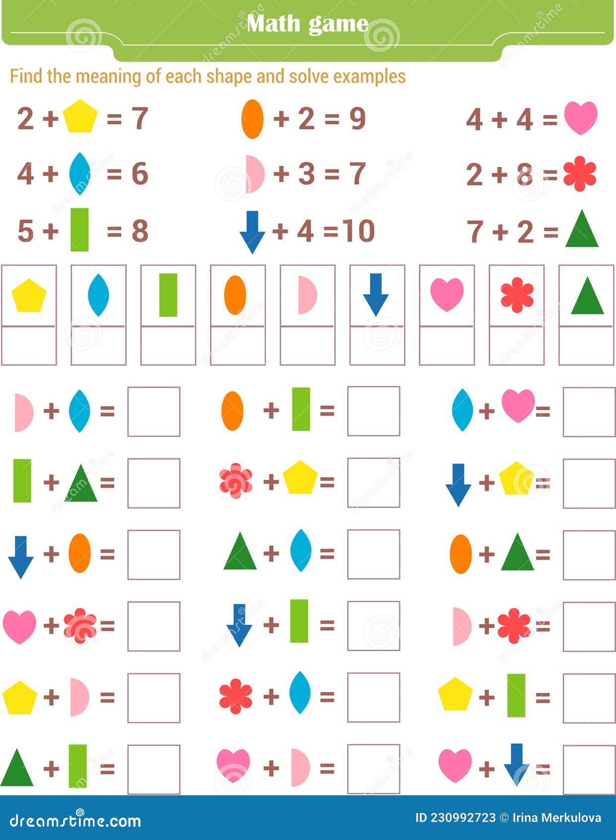 Math Game for Children. Find the Meaning of Each Shape, and Solve ...