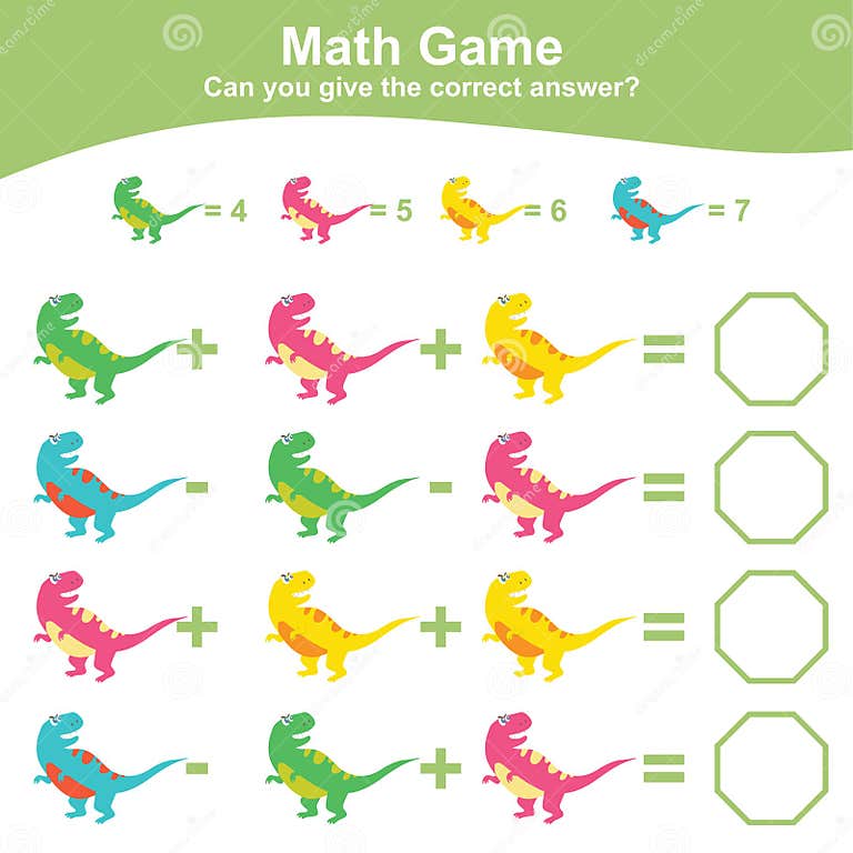 Dinosaurs Theme Math Game Worksheet for Preschool Stock Vector ...