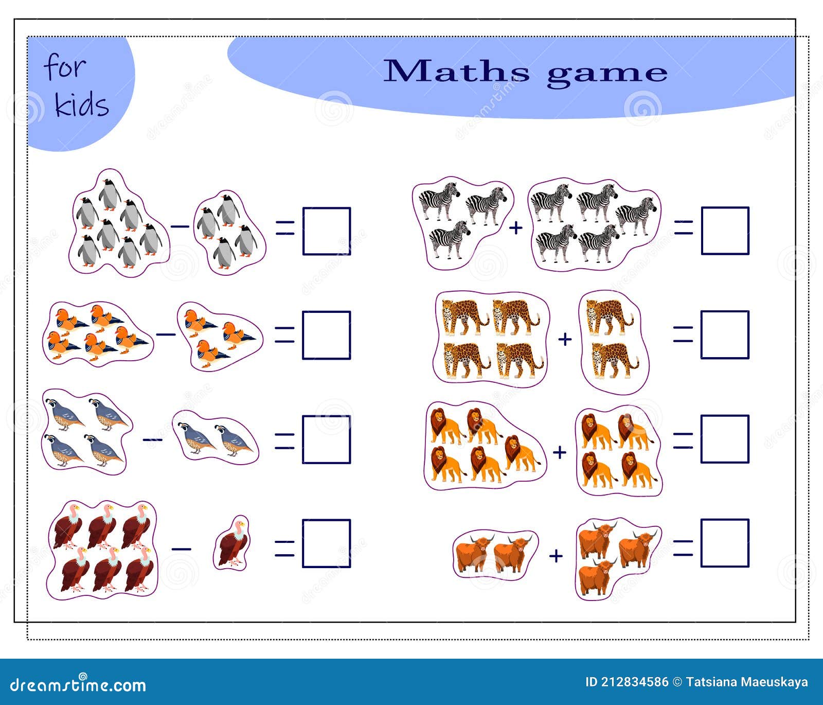 Math Game for Kids Addition and Subtraction Problems Stock Vector ...