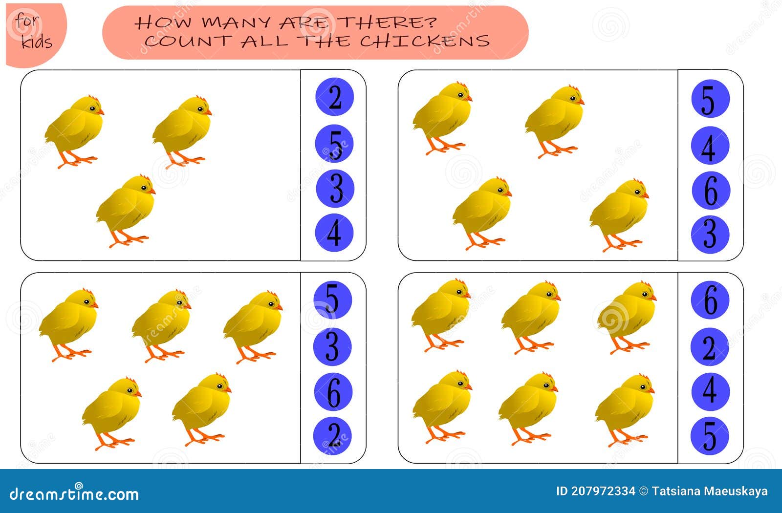Math Game for Kids Count the Animals. Chickens, Choose the Right Answer ...