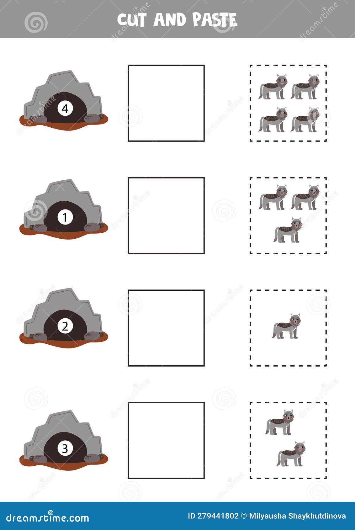 Math Game for Kids. Count and Paste Cute Wolves To the Lairs Stock ...
