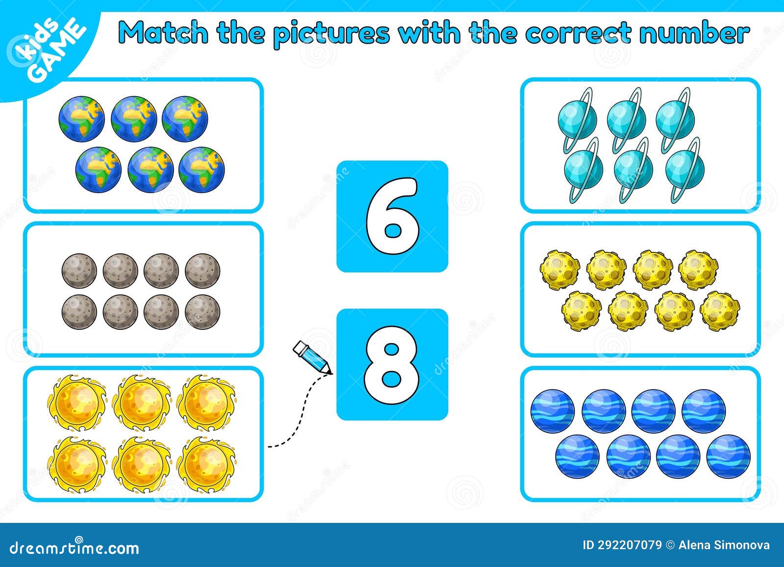 Math Game Match Space Objects with Correct Number Stock Illustration ...