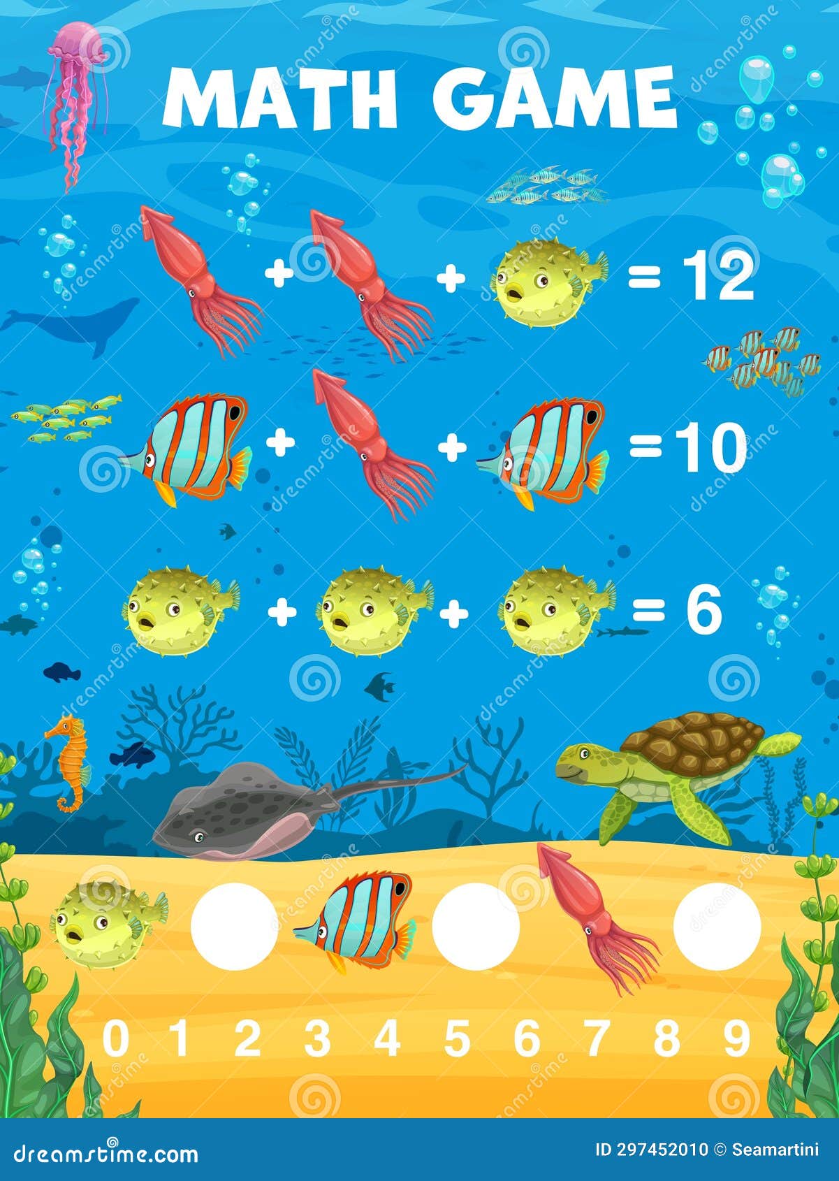 Math Game Worksheet Cartoon Animals, Fish, Turtle Stock Illustration ...