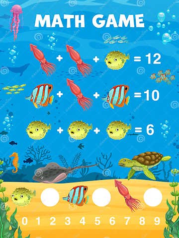 Math Game Worksheet Cartoon Animals, Fish, Turtle Stock Illustration ...