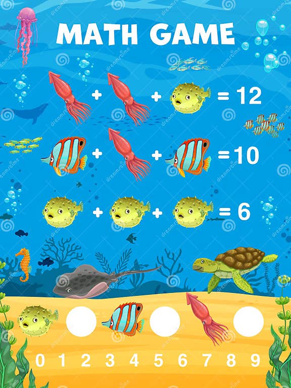 Math Game Worksheet Cartoon Animals, Fish, Turtle Stock Illustration ...