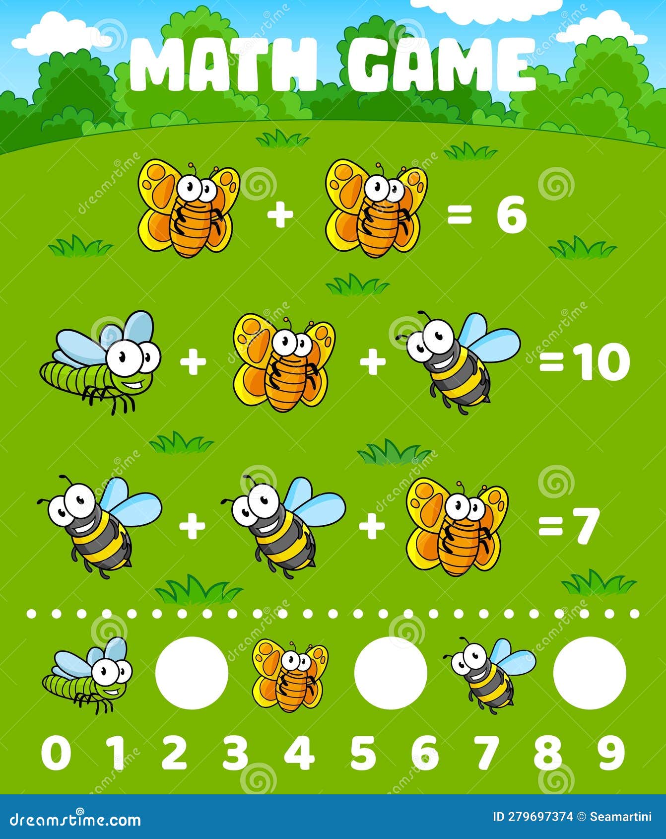 Math Game Worksheet, Cartoon Bee and Butterfly Stock Vector ...
