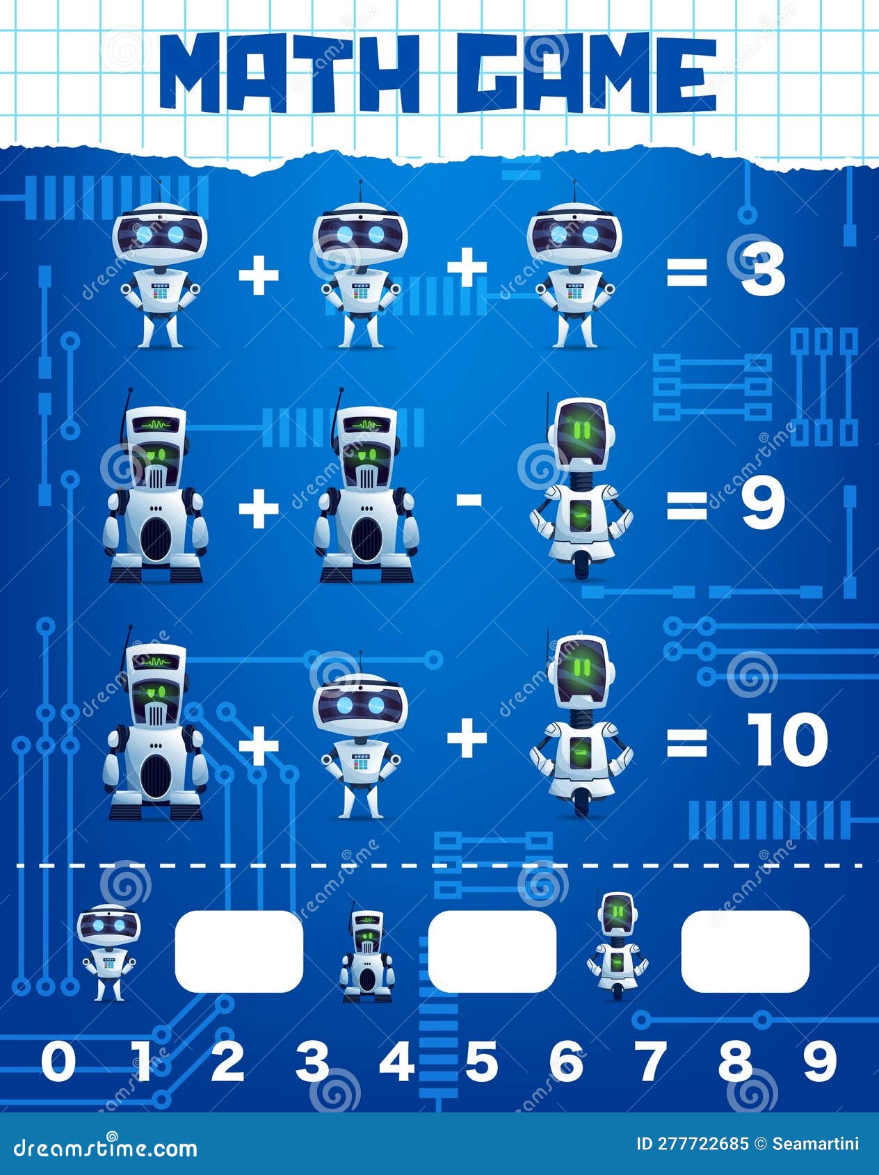 Math Game Worksheet with Cartoon Robot Characters Stock Vector ...