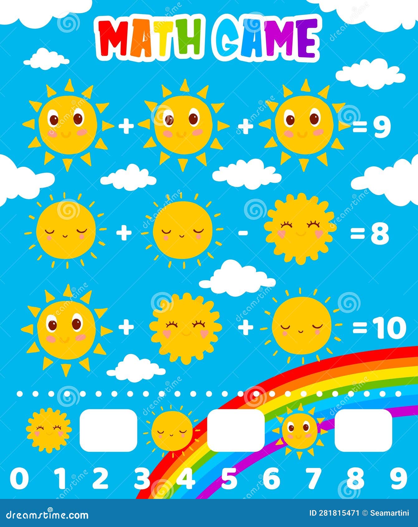 Math Game Worksheet with Cartoon Sun Characters Stock Illustration ...
