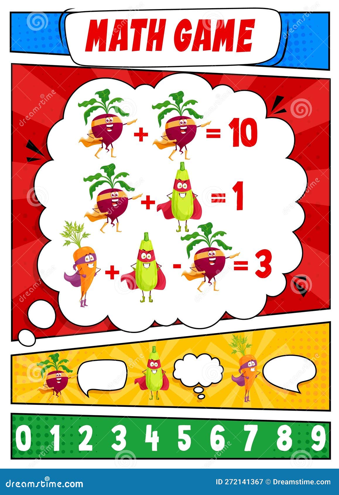 Math Game Worksheet Cartoon Vegetable Superhero Stock Vector ...